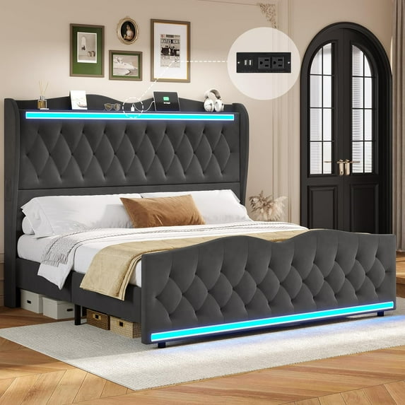 King Bed Frame with LED, USB Port, Storage, Dark Grey Velvet Upholstery ...