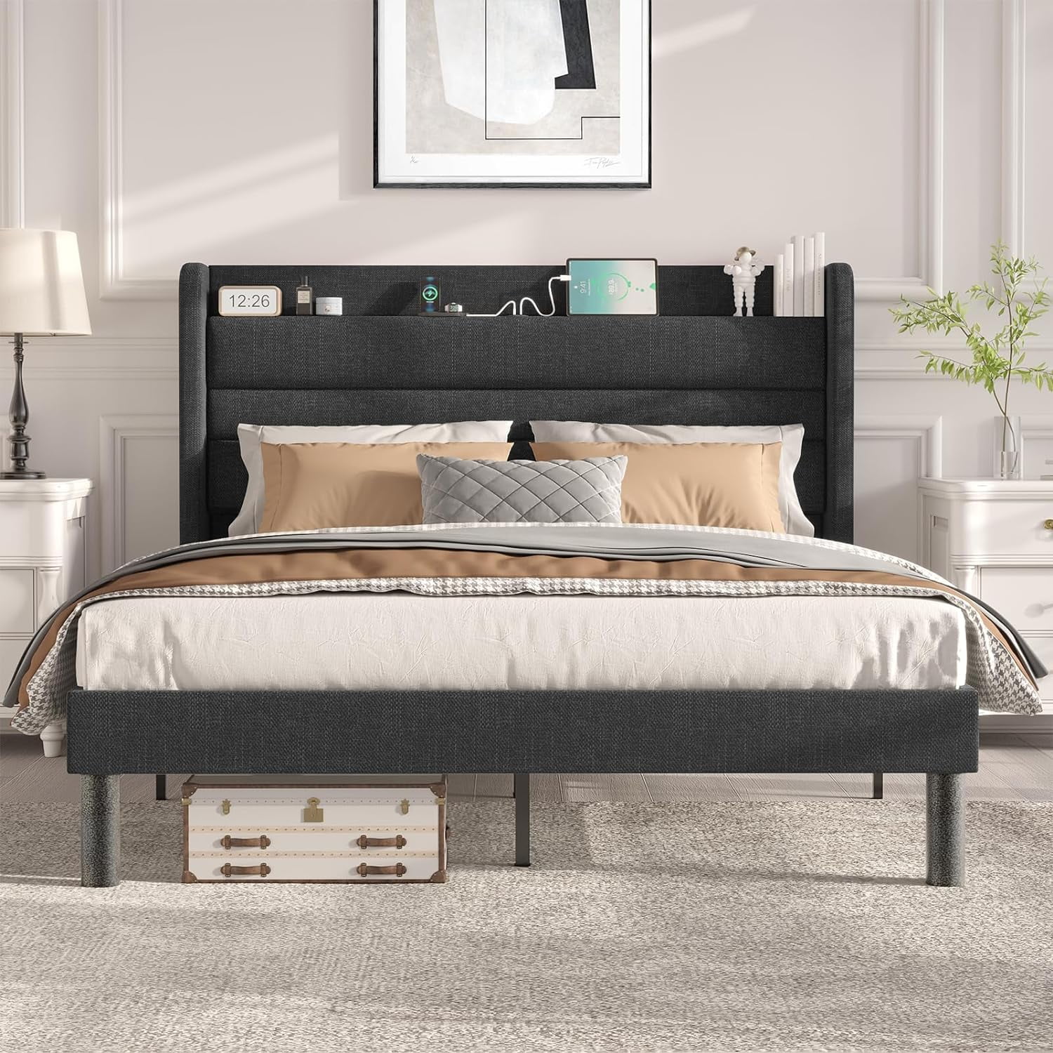 King Bed Frame with Type-C & USB Ports Upholstered Platform Bed Frame ...