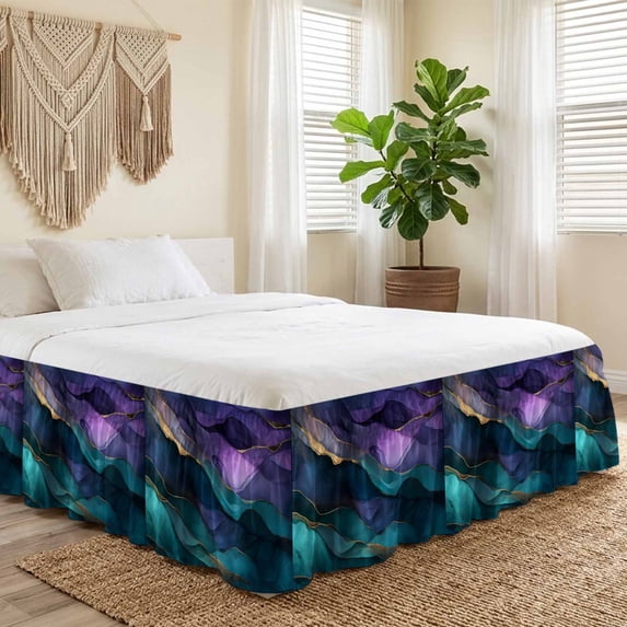 King Bed Skirt 16 Inch Drop, Abstract Modern Teal Purple Marble Easy ...