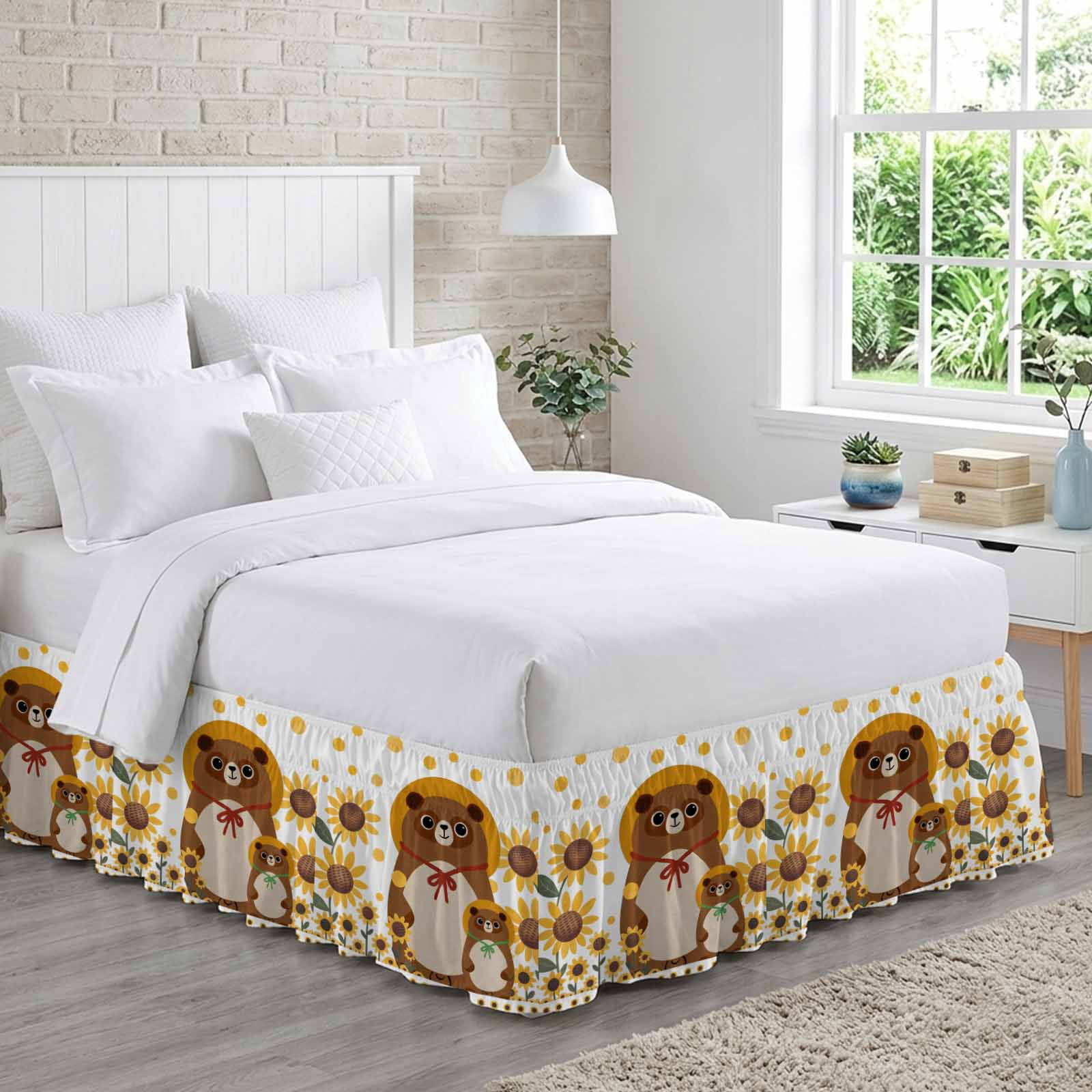 King Bed Skirt 16 Inch Drop, Japanese Cat Pastoral Sunflower Easy Fit ...