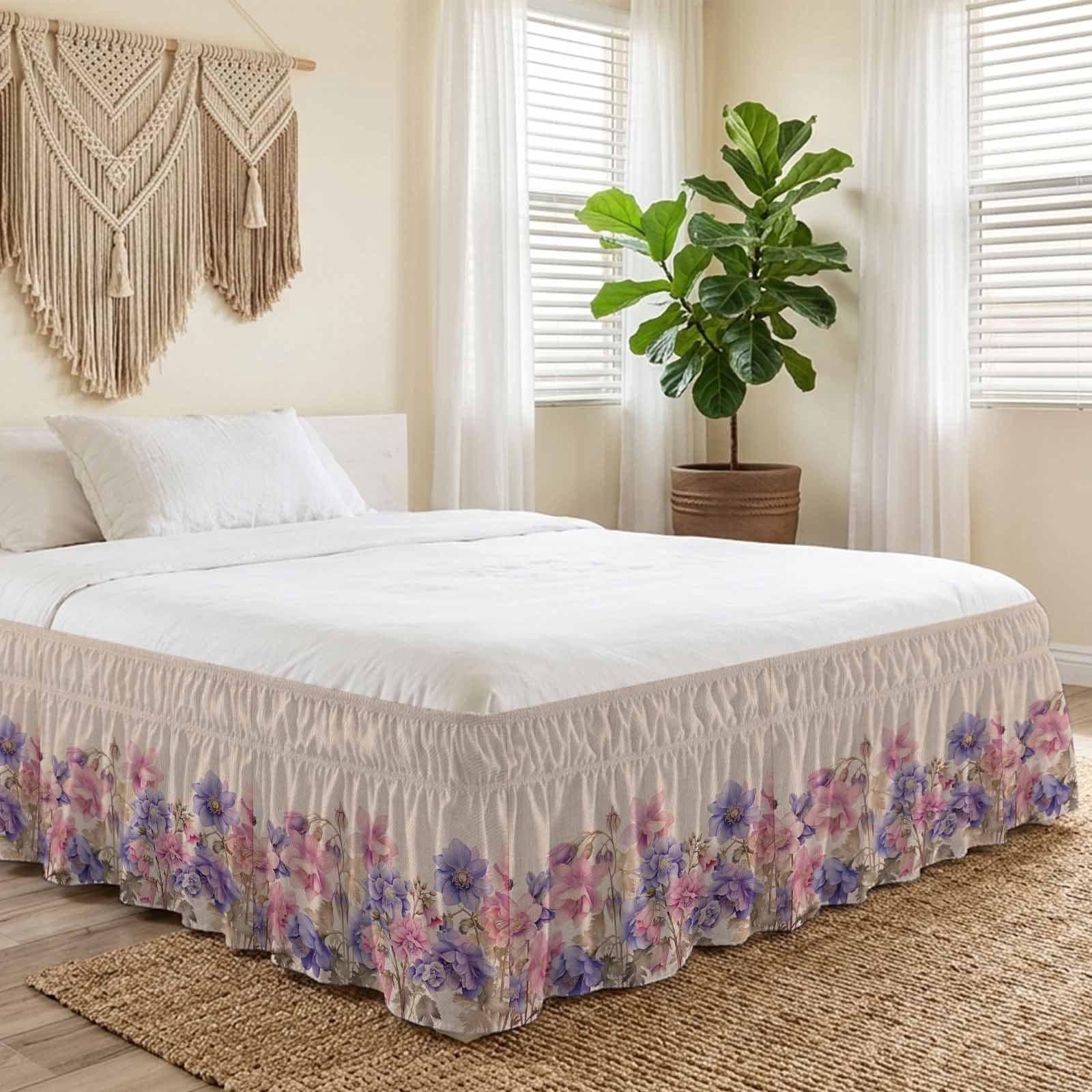 King Bed Skirt 16 Inch Drop, Pastoral Blooming Flower Purple Pink Easy ...