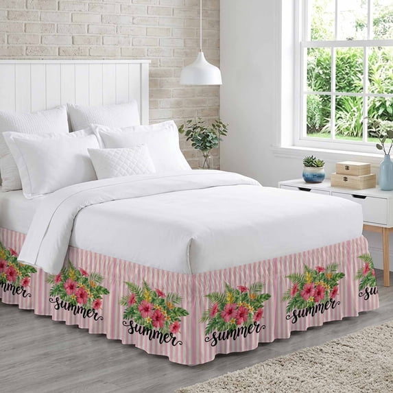 King Bed Skirt 16 Inch Drop, Summer Tropical Plants Flowers Easy Fit ...