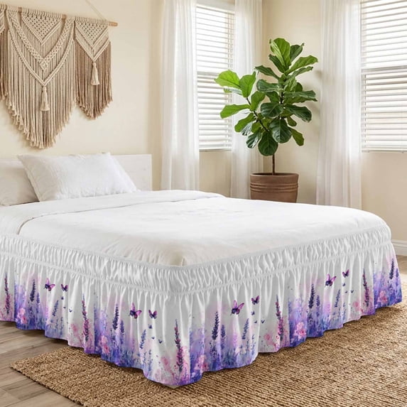 King Bed Skirt 16 Inch Drop, Watercolor Purple Flower Lavender ...