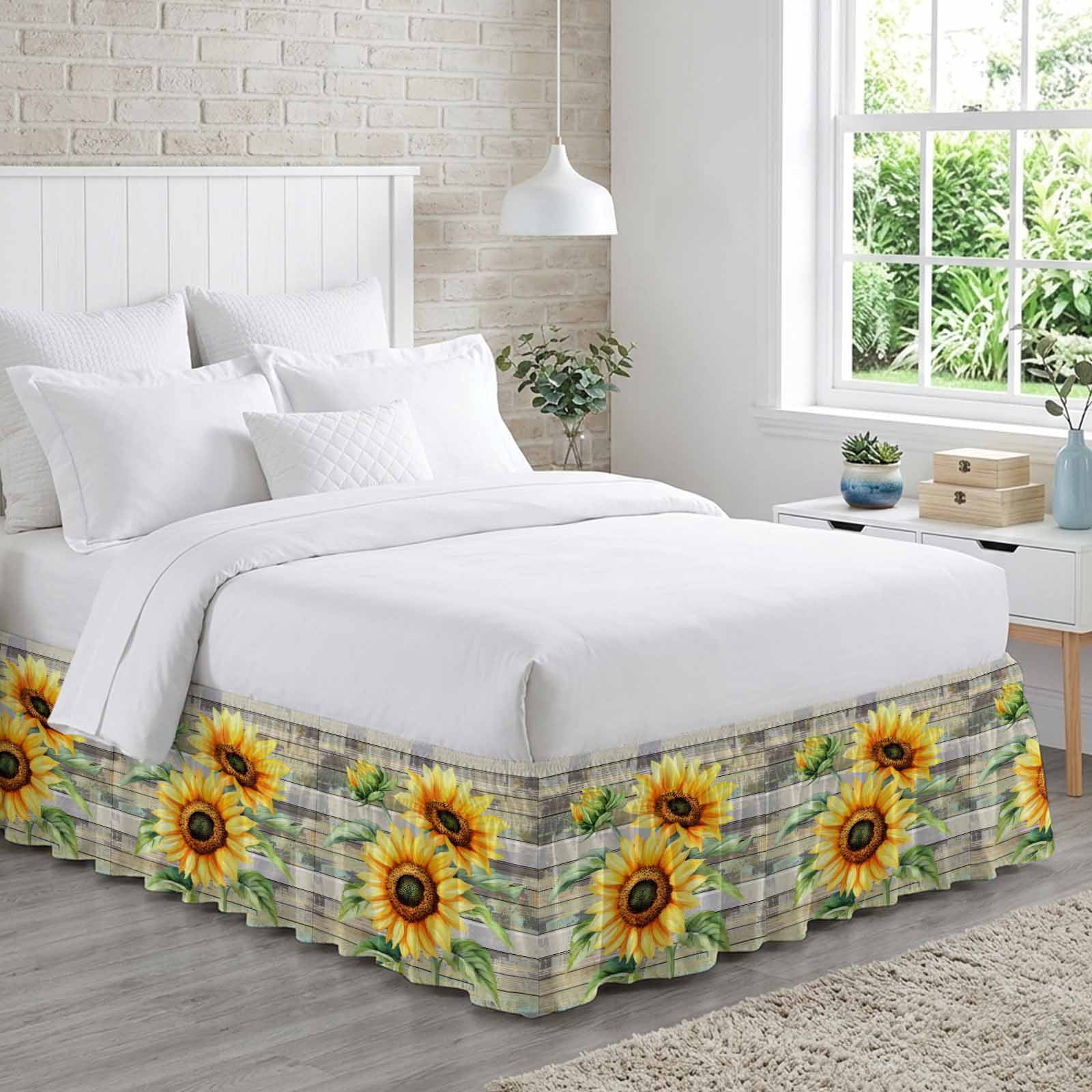 King Bed Skirt 16 Inch Drop, Watercolor Sunflower Green Leaves Easy Fit ...