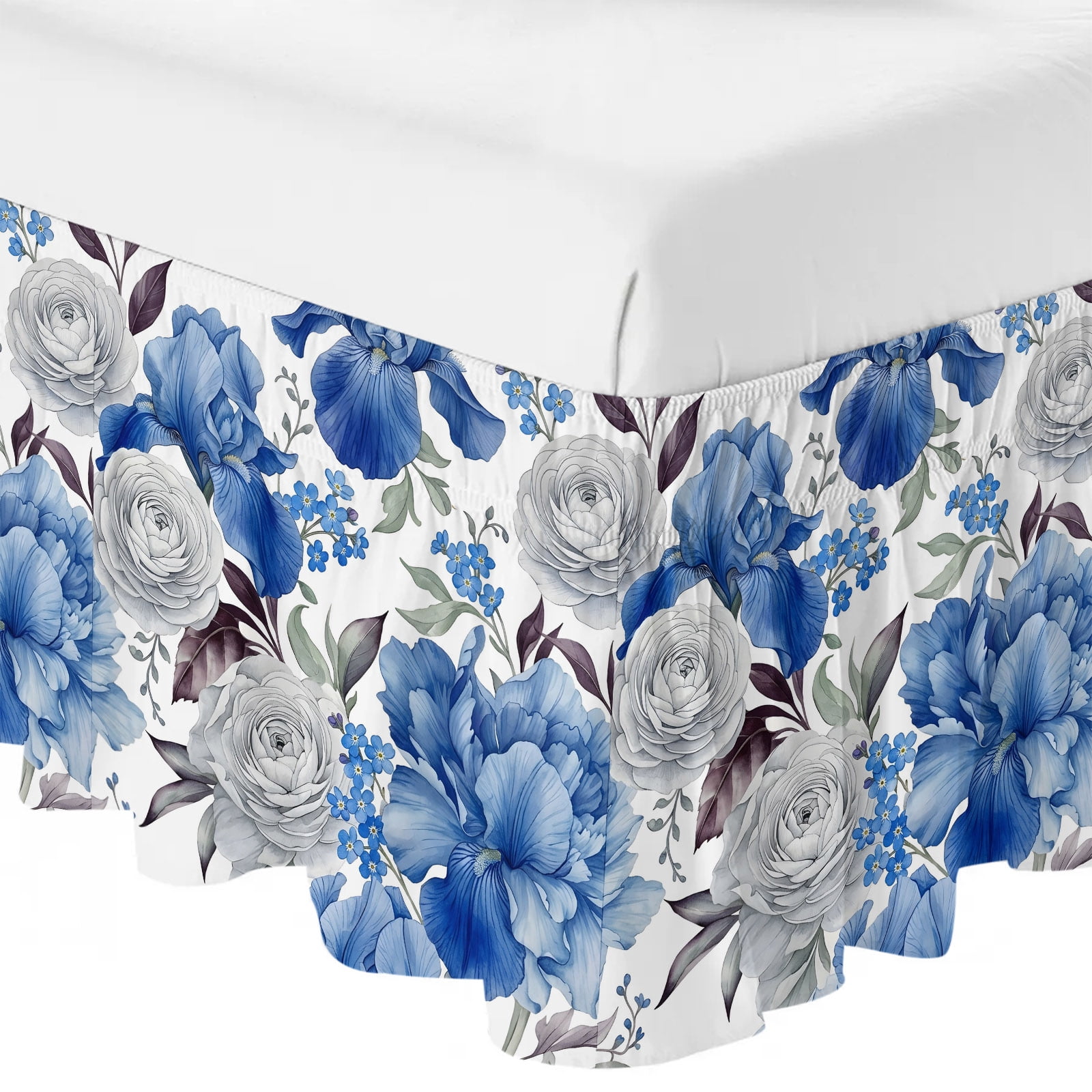King Bed Skirt 16 Inch Drop, Watercolor White Blue Roses Easy Fit Wrap ...