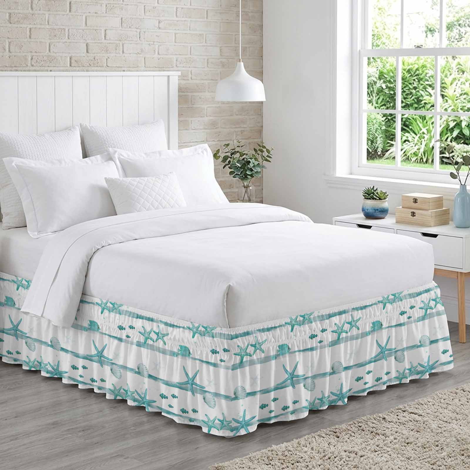 King Bed Skirt 18 Inch Drop, Ocean Starfish Shell Fish Easy Fit Wrap ...