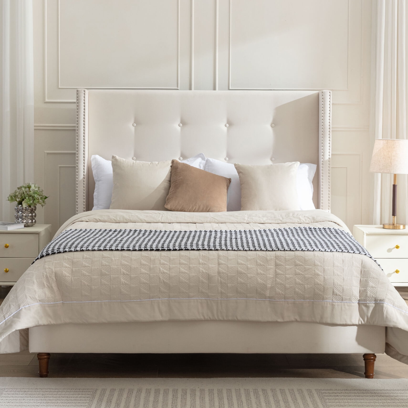 King Bed, Velvet Bed Frame with 54" High Headboard, Traditional Hand ...