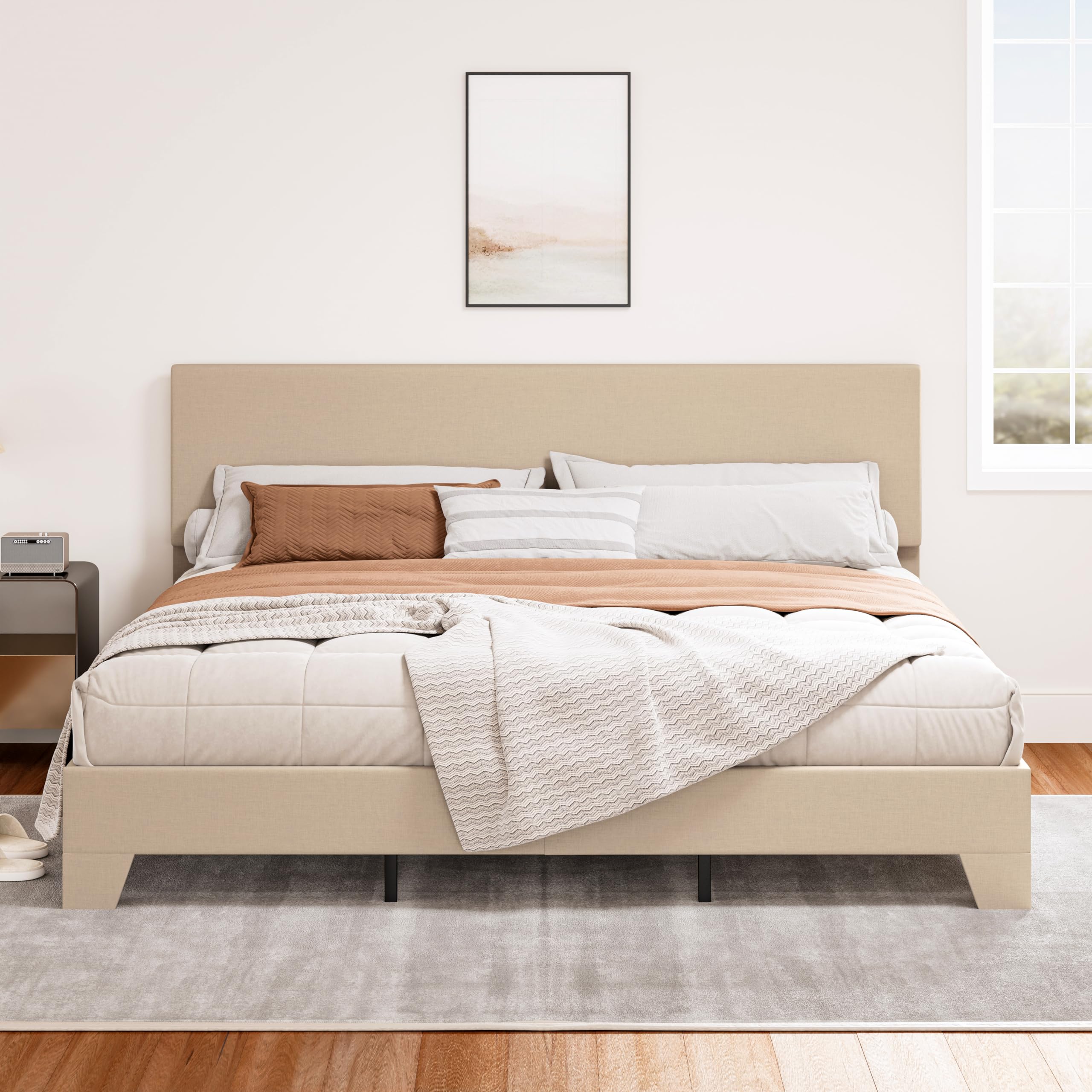 King Bed with Adjustable Upholstered Headboard, 900 lbs Capacity Wood ...