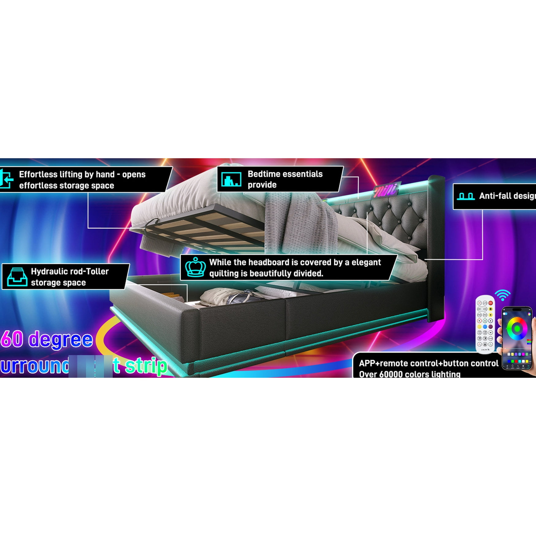 King Bed with LED Lighting / 360 Surround, Classic Design, Hydraulic ...