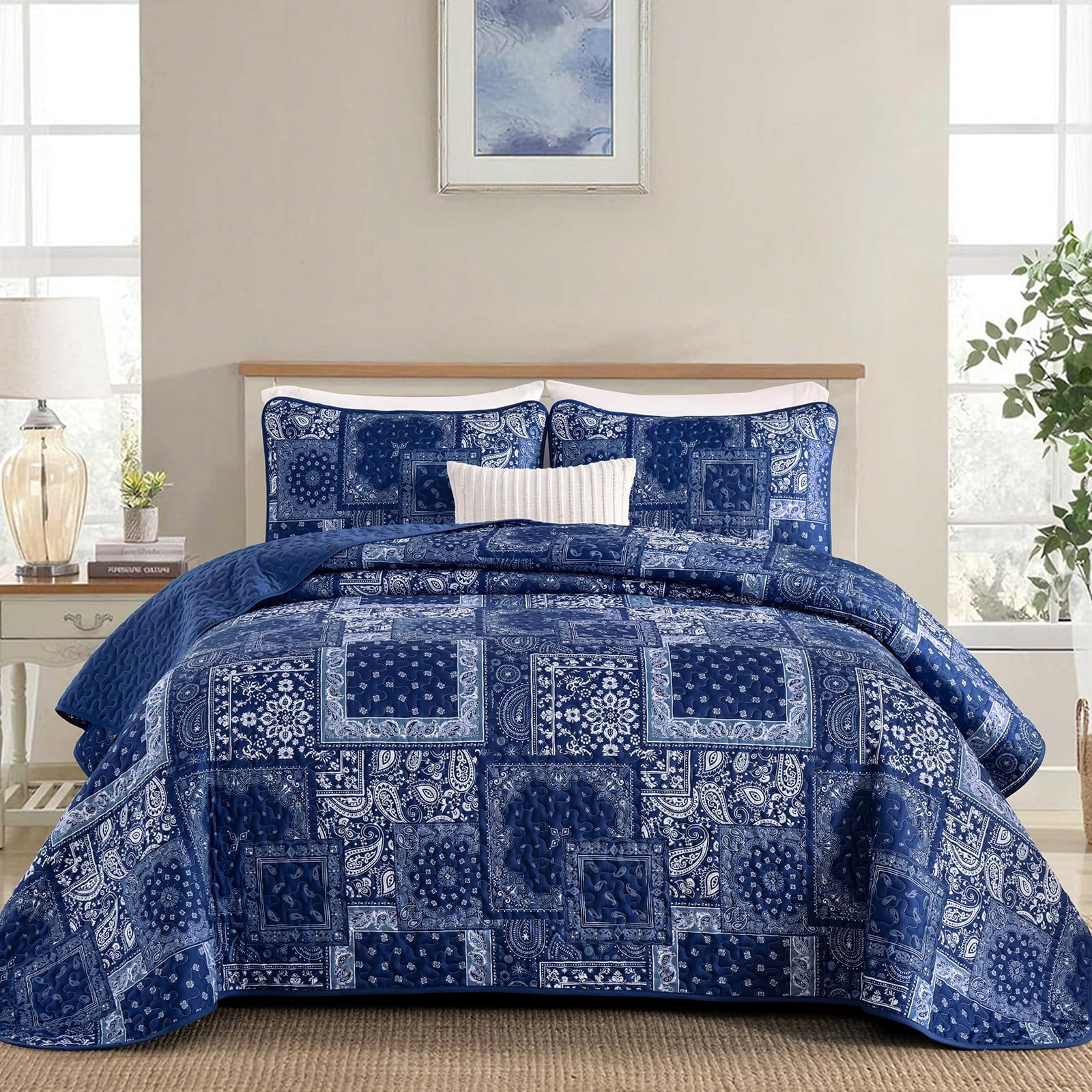 King Blue Patchwork Boho Farmhouse Quilt Set - Walmart.com