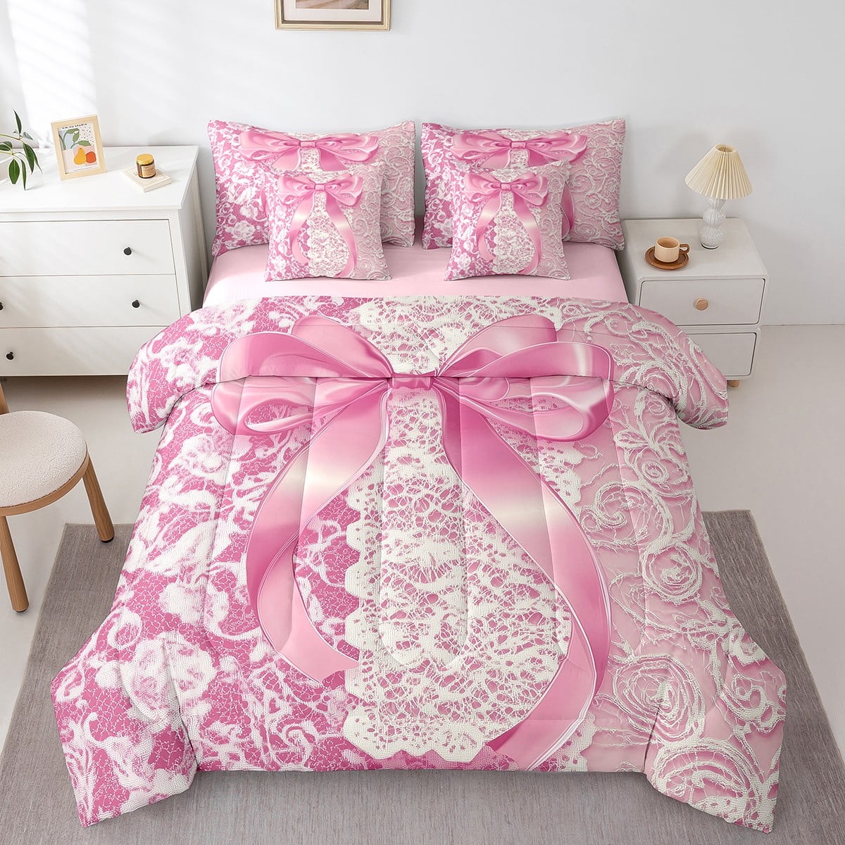 King Bowknot Comforter Sets 7Pcs,Pink Damask Bedding Set with Sheets ...