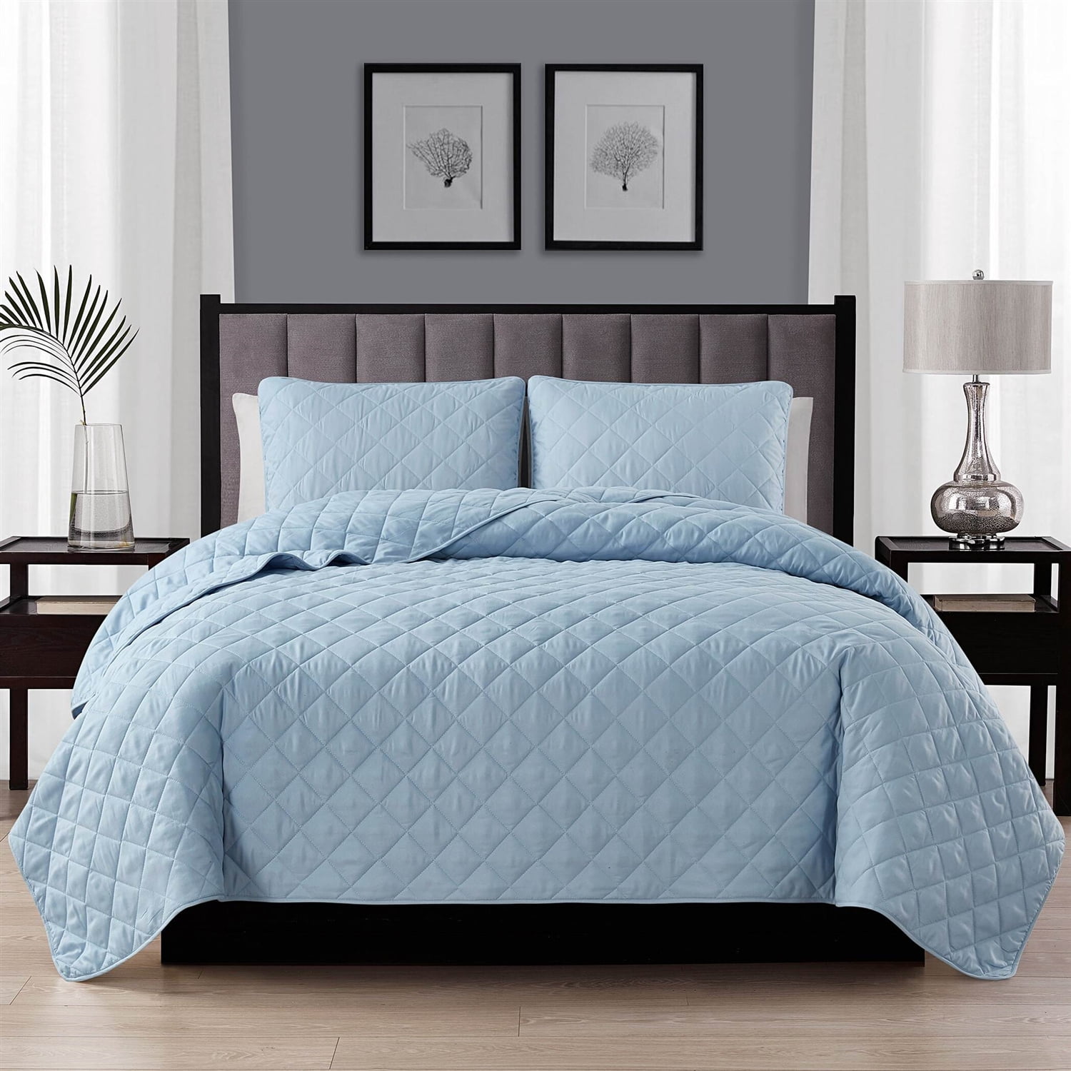 King/CAL King 3-Piece Light Blue Microfiber Reversible Diamond Quilt ...