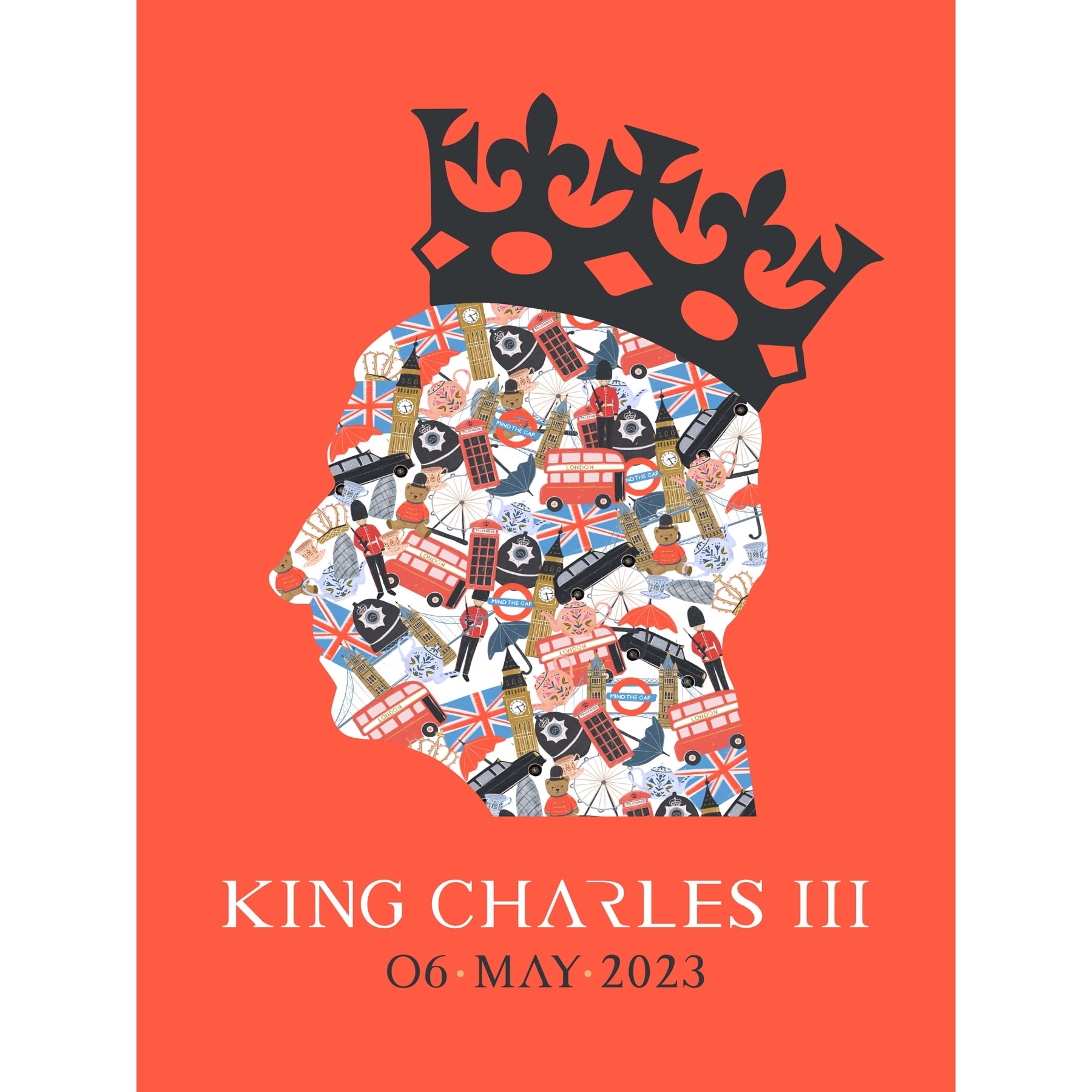 King Charles III Coronation Date British Symbol Head Collage with Crown ...