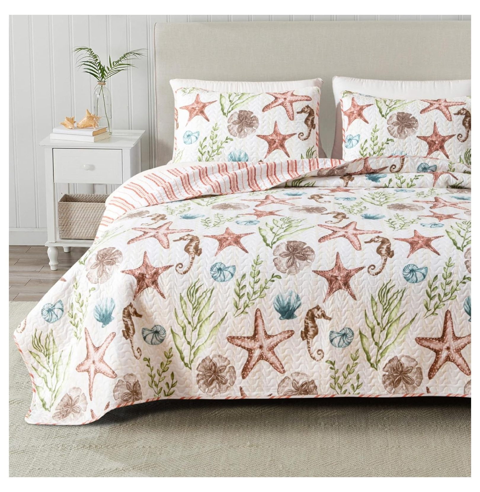 King Coastal Quilt Bedding Set, 3-Piece Reversible All Season Quilt Set ...
