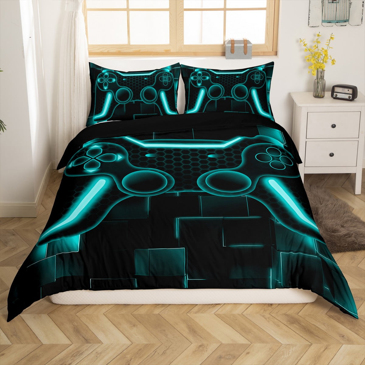 King Comforter Cover Gamer Bedding Set Duvet Cover Bedding Teal Black ...