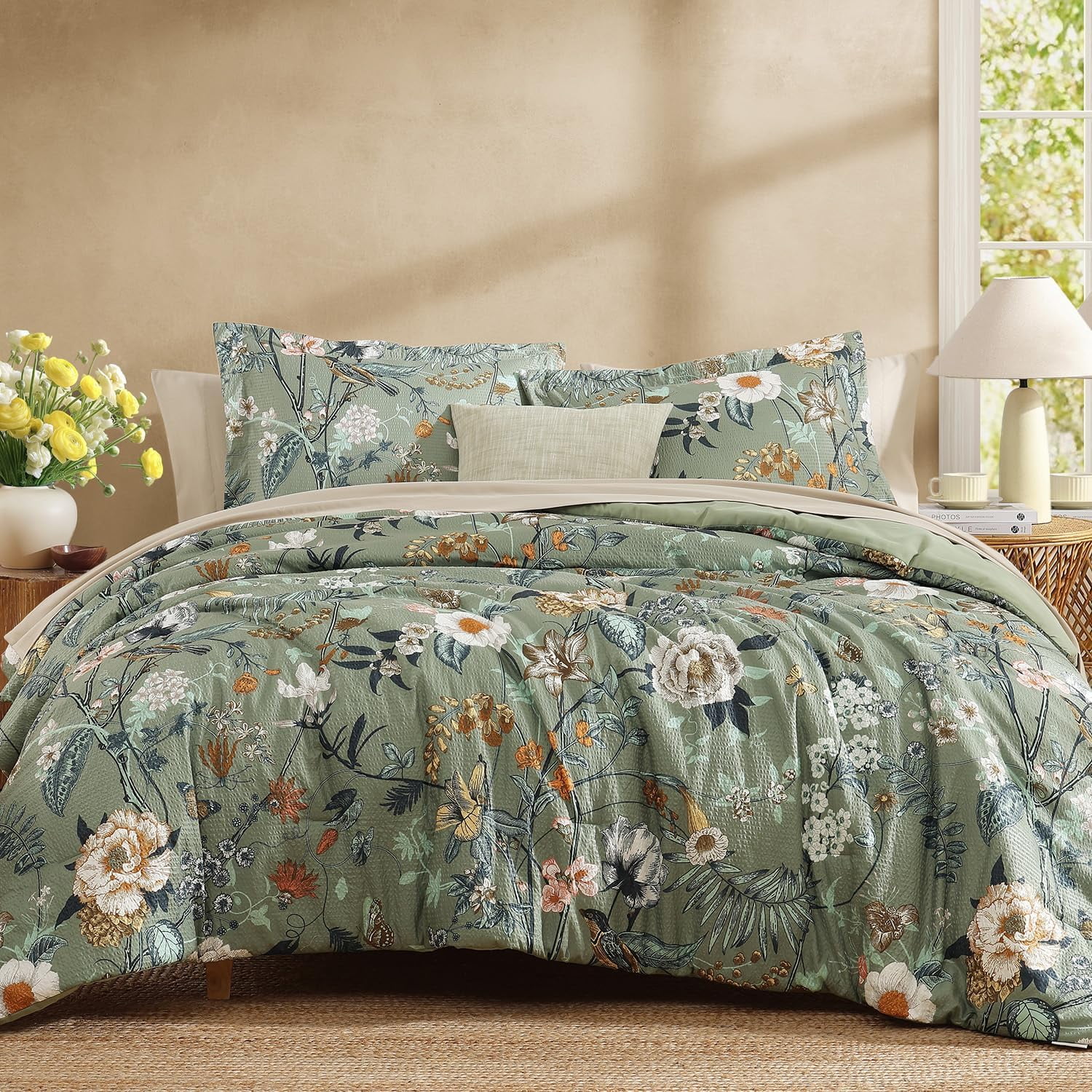 King Comforter Set 7 PCS White & Grey Dandelion Plant Comforter Set with Flowers Leaves Pattern ...