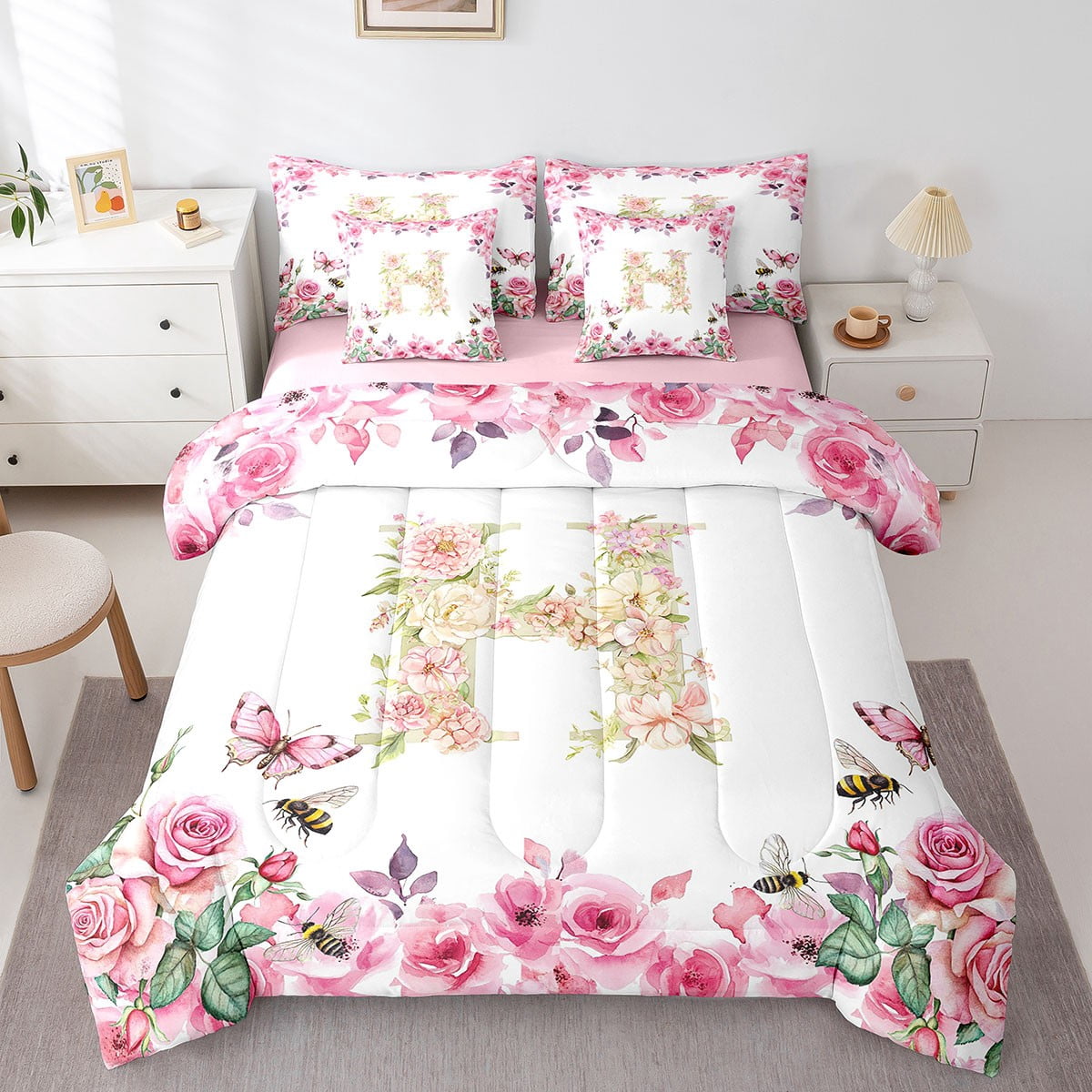King Comforter Set 7 Pieces,Floral A-Z Reversible Bed in a Bag King ...