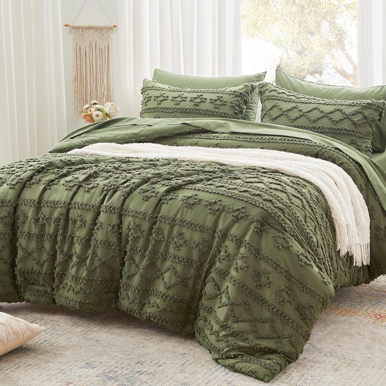 King Comforter Set 7 Pieces, Olive Green Tufted Bed in a Bag with ...