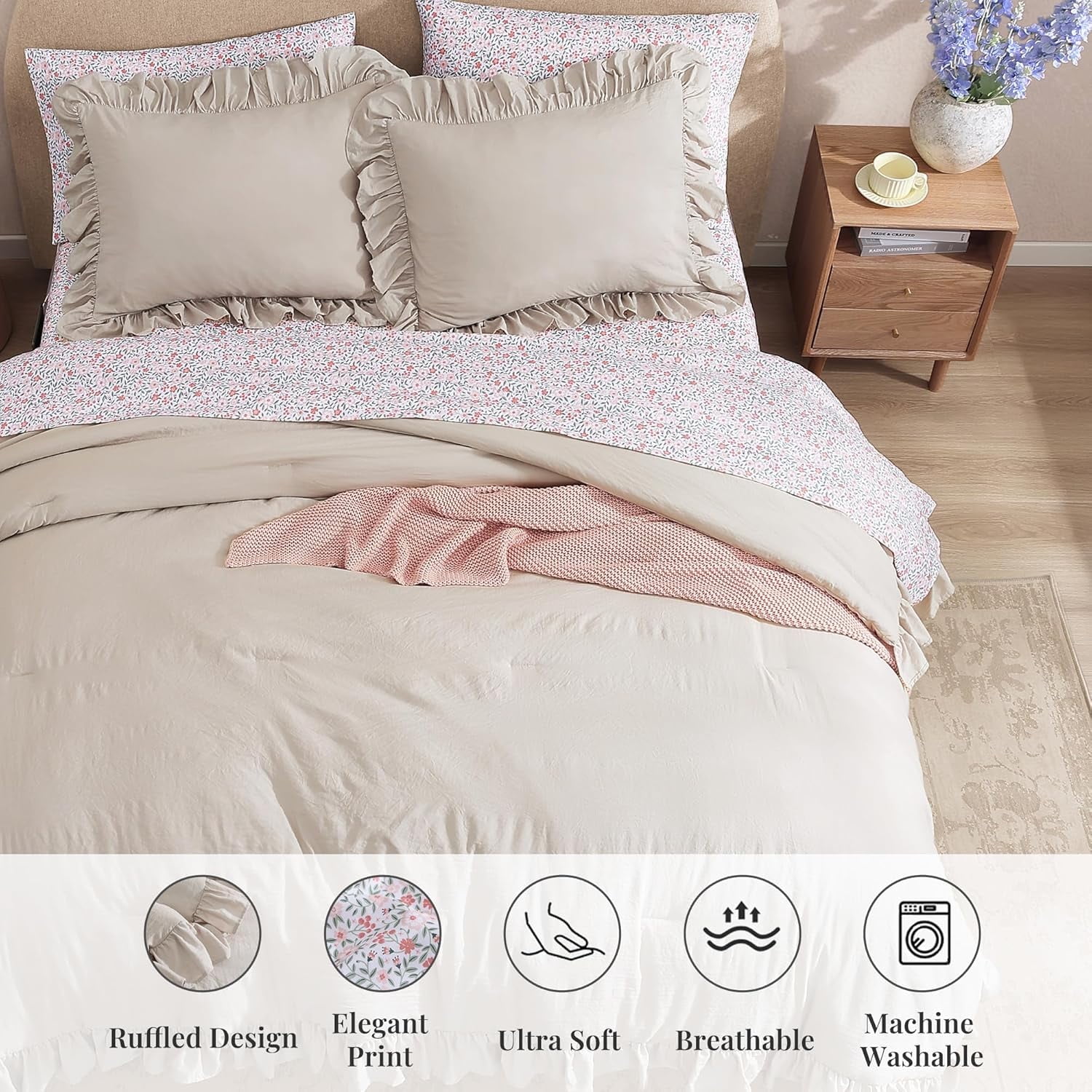 King Comforter Set - 7 Pieces Ruffle Beige Bedding Sets, Shabby Chic ...
