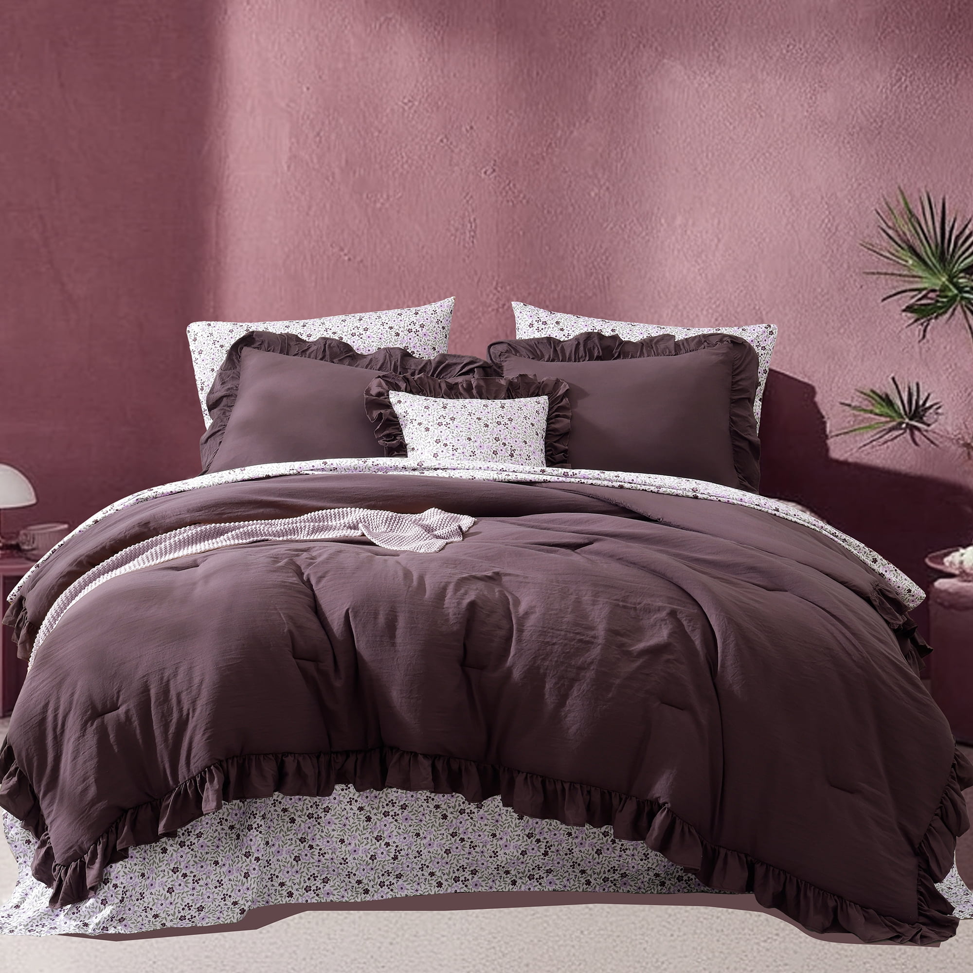 King Comforter Set - 7 Pieces Ruffle Purple Bedding Sets, Shabby Chic ...
