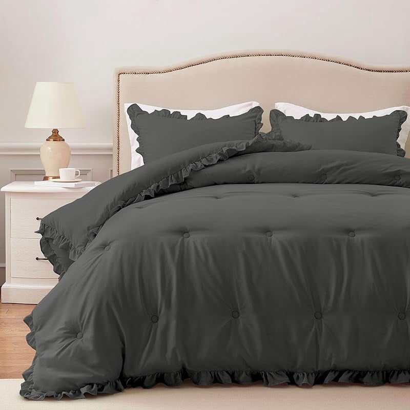 King Comforter Set Grey - Ruffle Comforter for King Size Bed, Fluffy ...