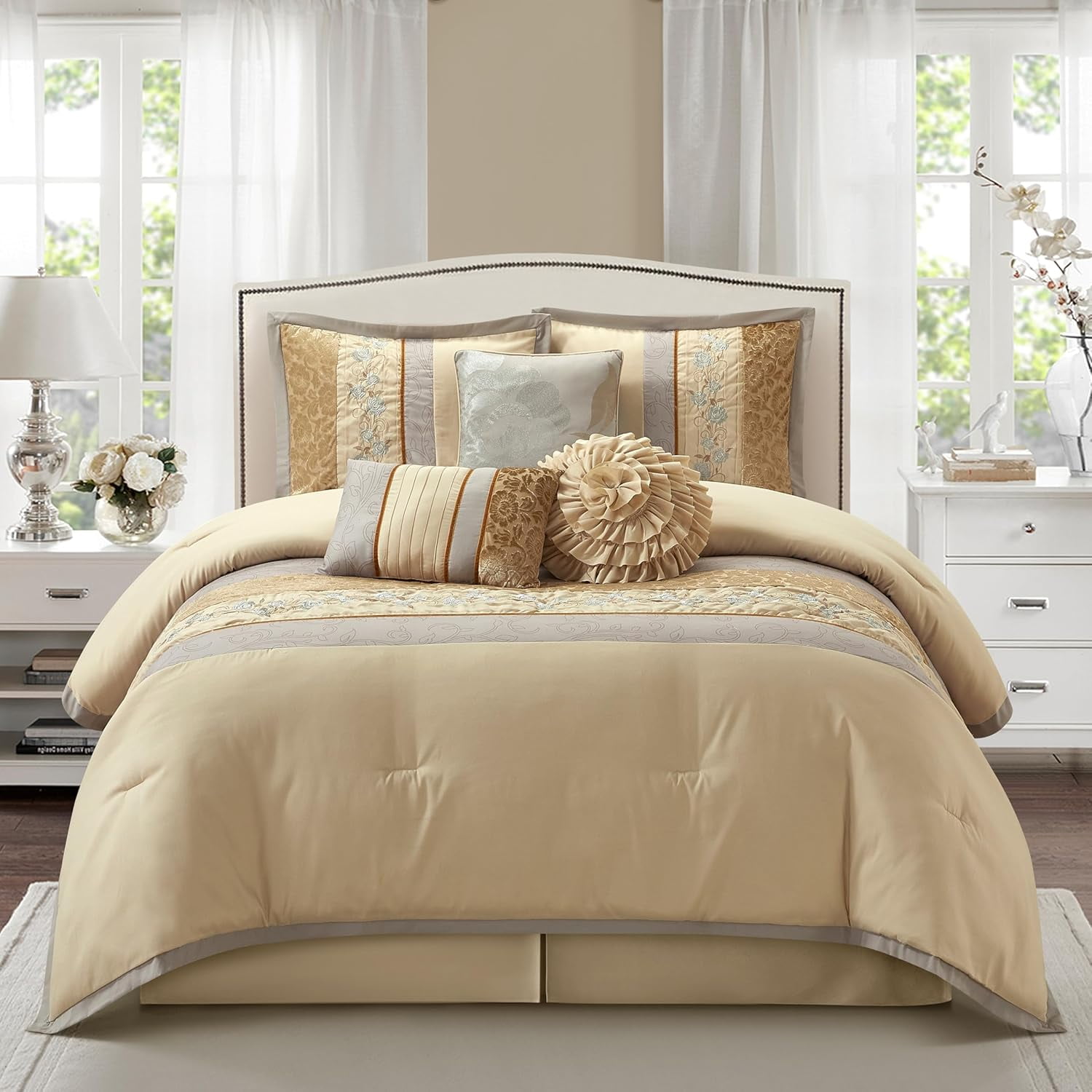 King Comforter Set, Piecework with Flocking Embroidery Bedding, Floral ...