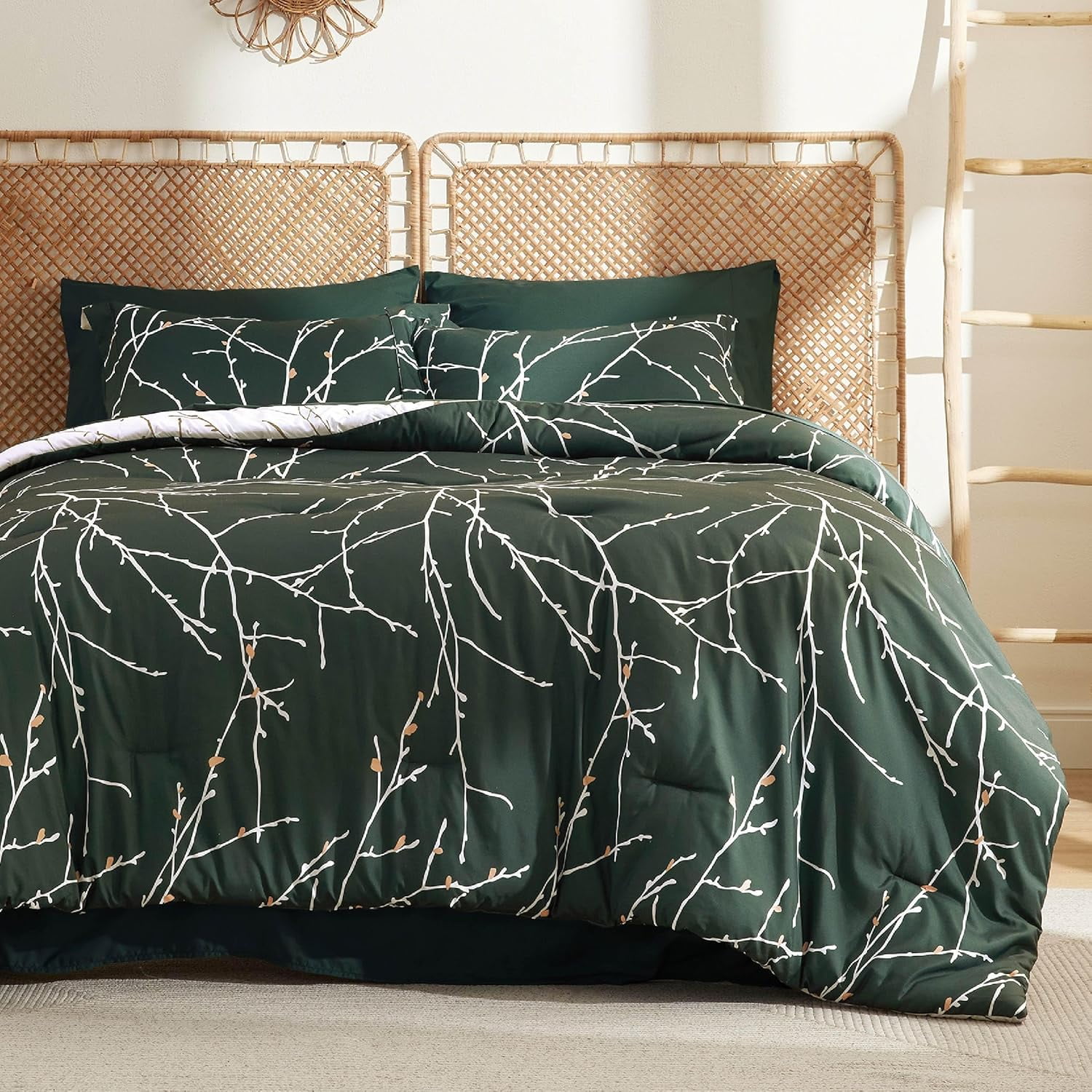 King Comforter Sets - 7 Piece Floral Forest Green Bed Set with Tree ...