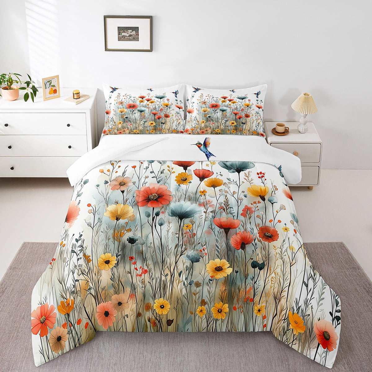 King Cottage Flower Comforter Sets,Hunmming Bird Bedding Set,Farmhouse ...