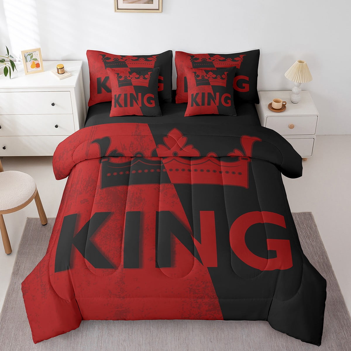 King Crown Bed in a Bag Queen Comforter Set 7 Piece,Vintage Red and ...
