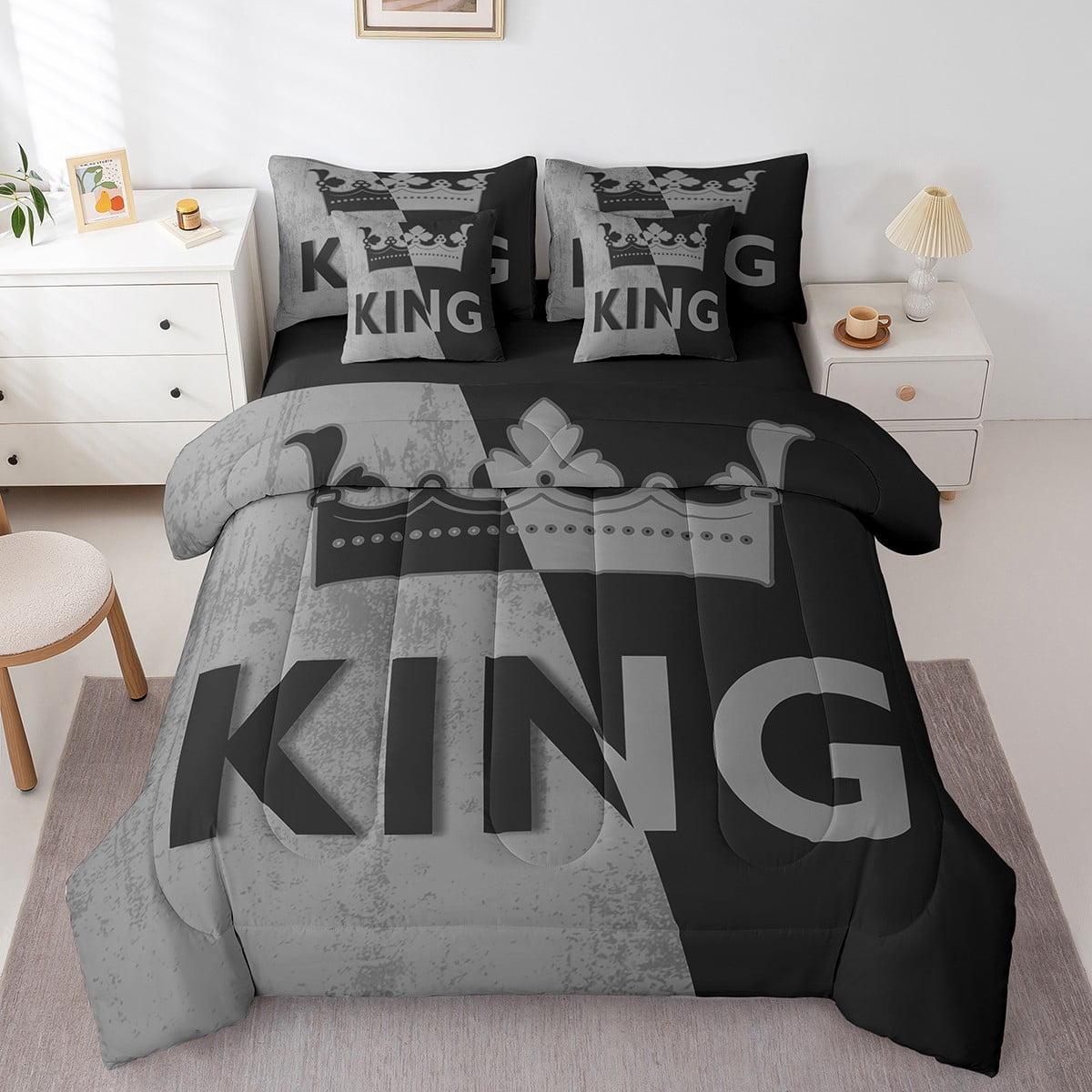 King Crown Comforter Set 7 Piece Bed in a Bag Twin,Vintage Black and ...