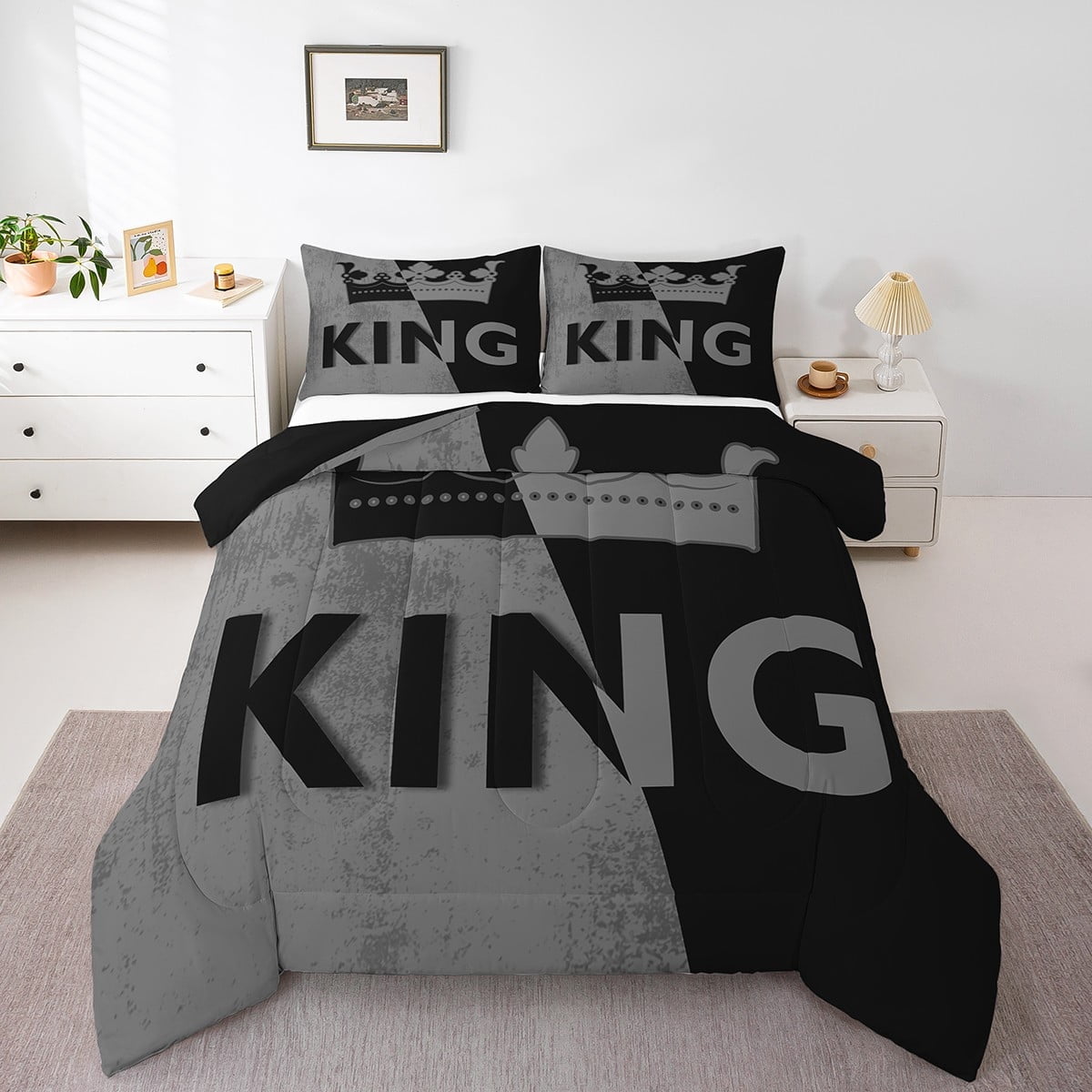 King Crown Comforter Set Vintage Black and Gray Bed Set,Romantic ...