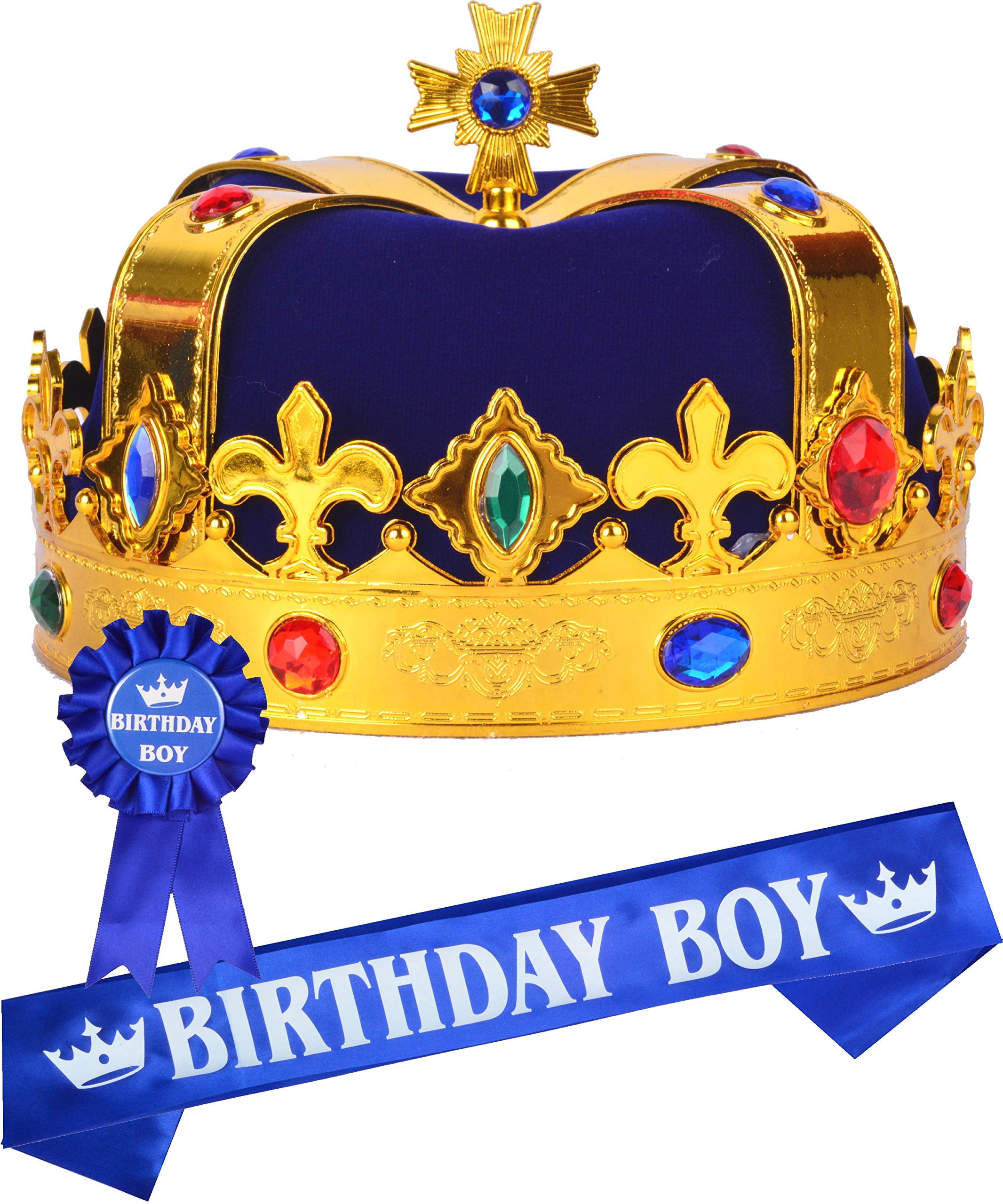 King Crown, Sash, and Pin for Birthday Party - Royal Gold & Blue Metal ...