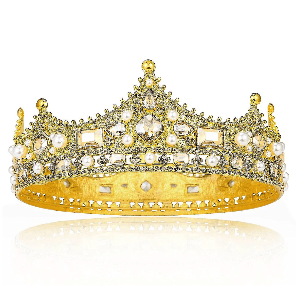 King Crown for Men Pearls and Crystal Prince Crown for Boy Round Royal ...