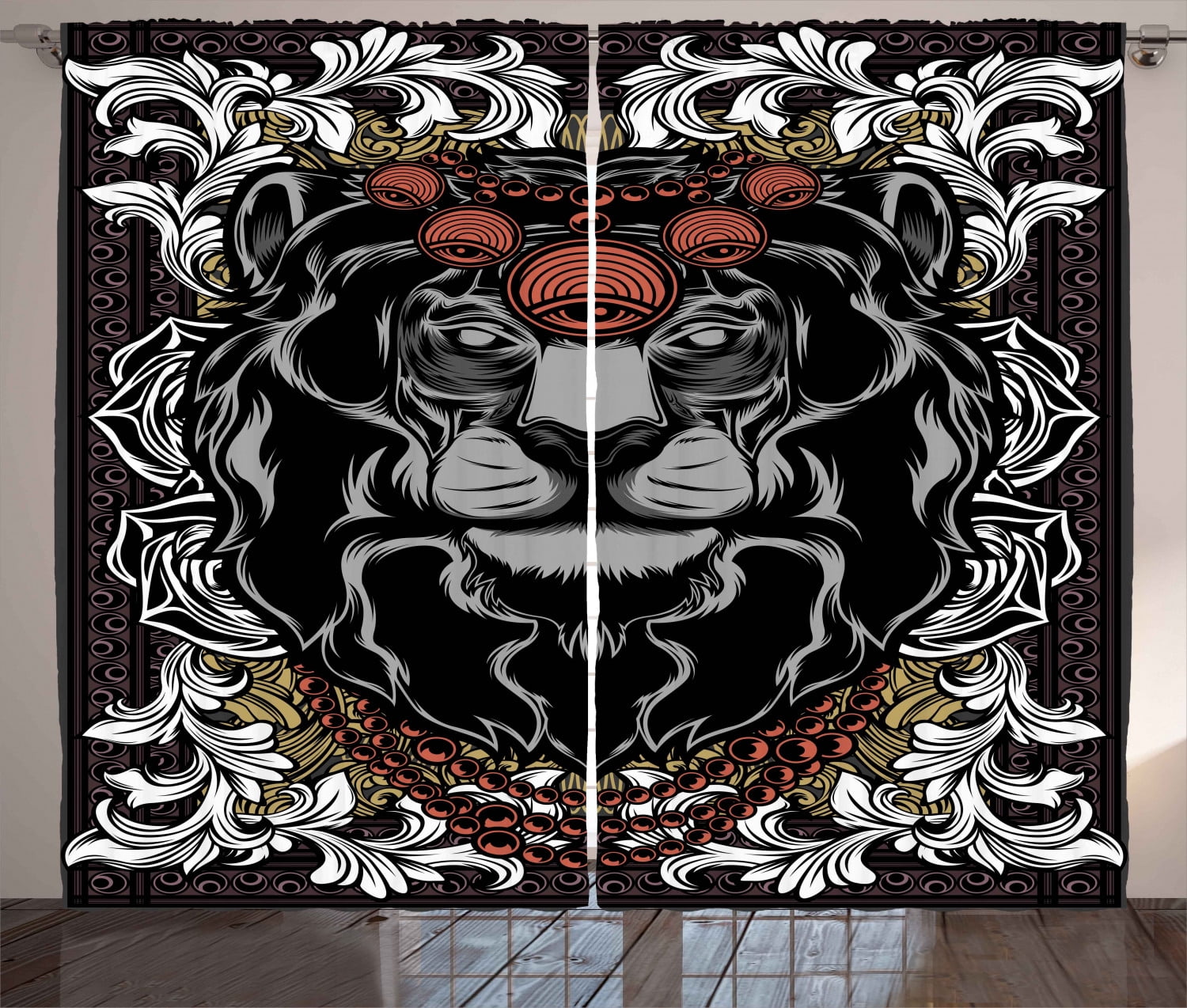 Ambesonne King Curtains 2 Panel Set, Jungle Emperor Lion Frame, 108" x ...