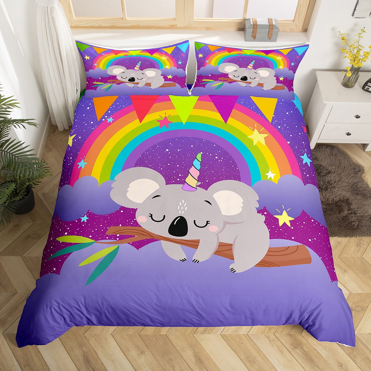 King Cute Rainbow Galaxy Glitter Stars Duvet Cover Cartoon Koala ...