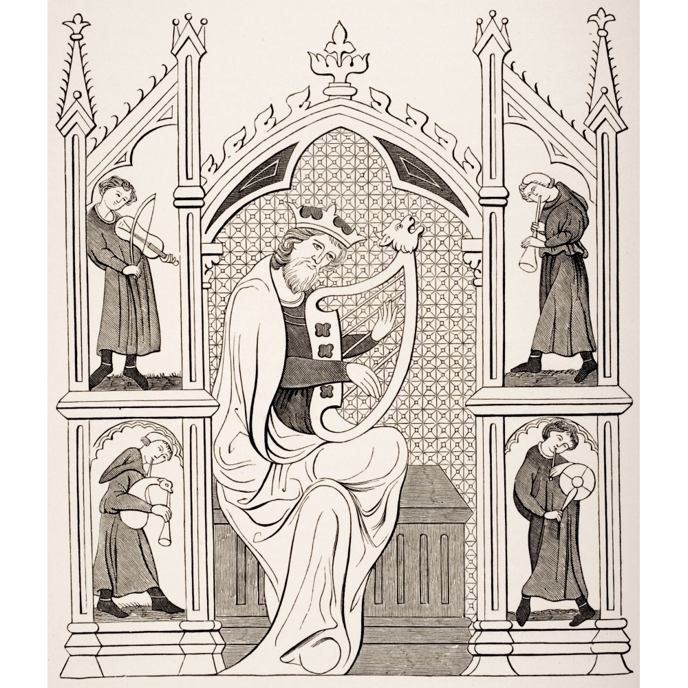 King David Playing On The Lyre Surrounded By Four Musicians All Wearing ...