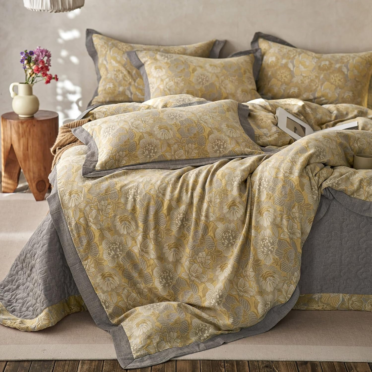 King Duvet Cover, Premium Cotton Double-Layer Yarn Golden Floral ...