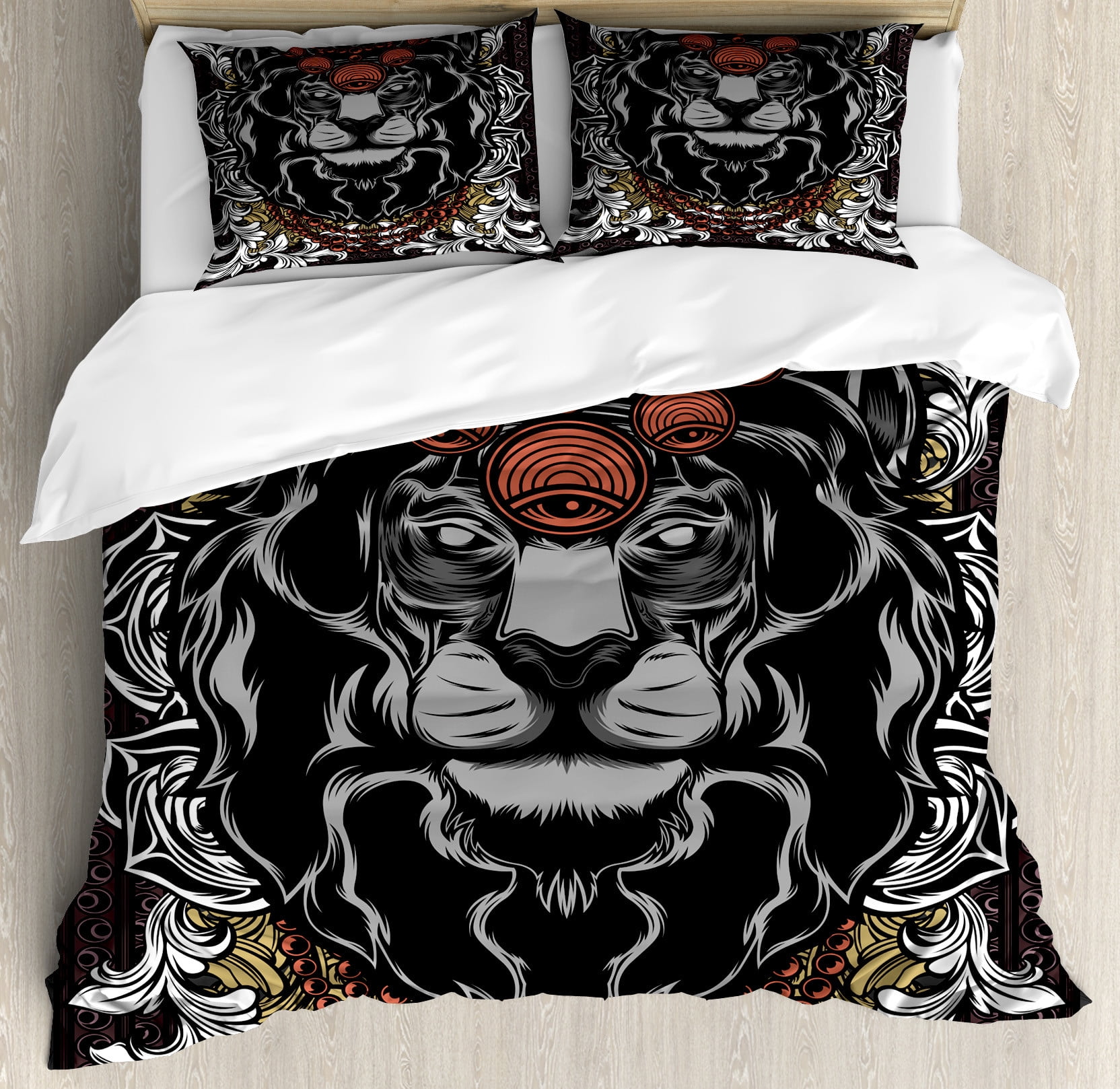King Duvet Cover Set, Forest Jungle Emperor Savannah Animal Lion with ...