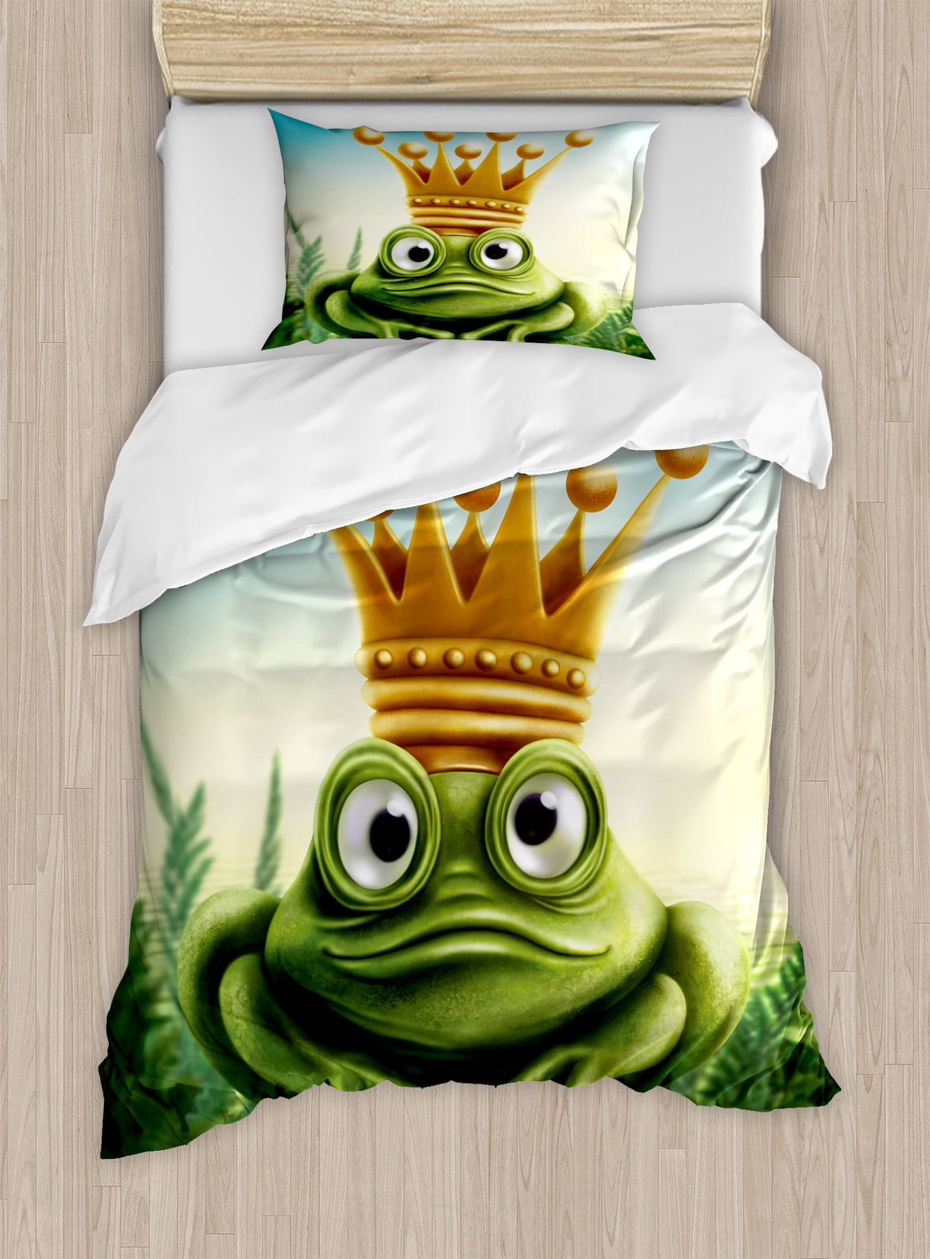 King Duvet Cover Set, Frog Prince on Moss Stone with Crown Inspired ...