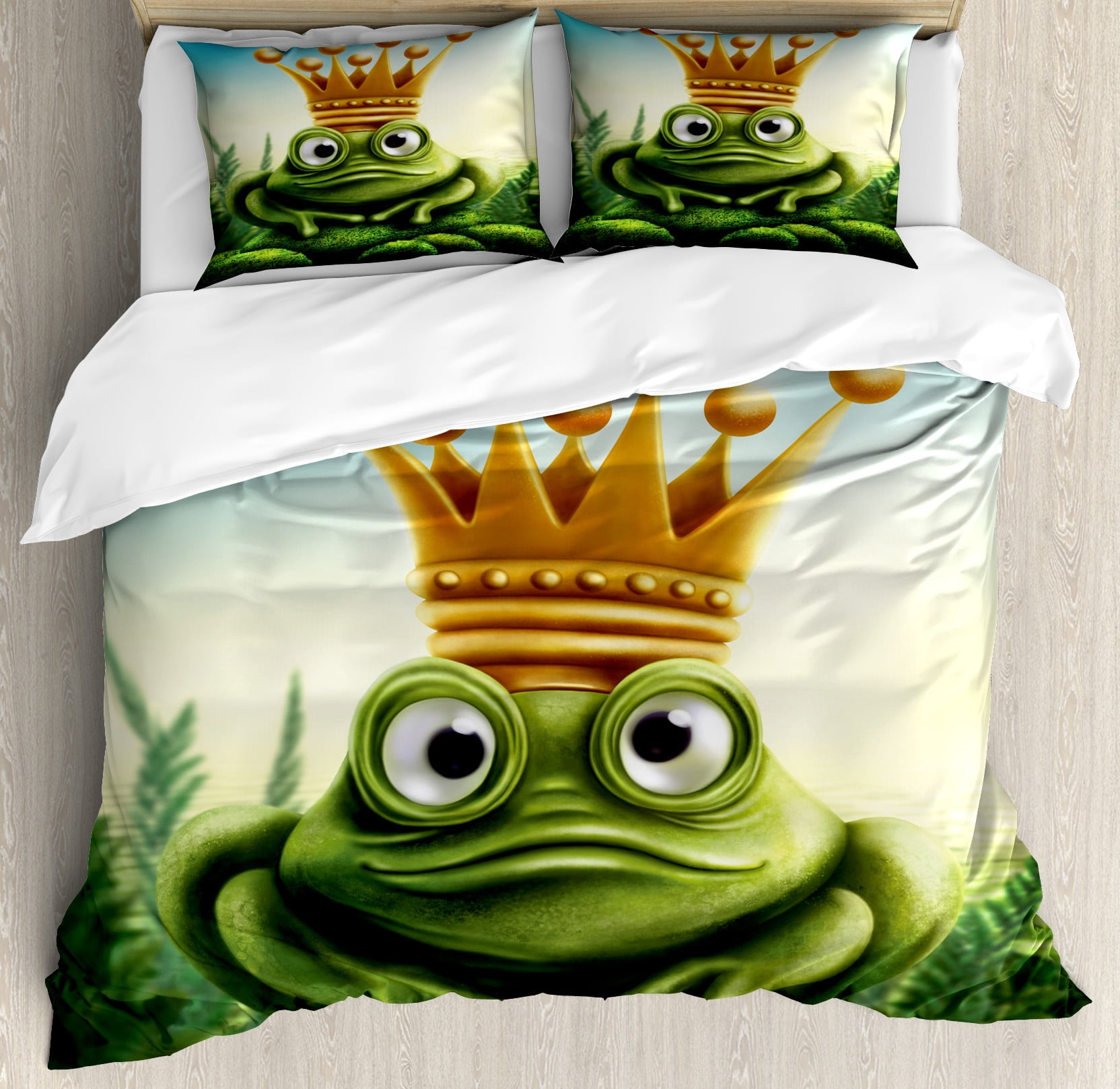 King Duvet Cover Set, Frog Prince on Moss Stone with Crown Inspired ...