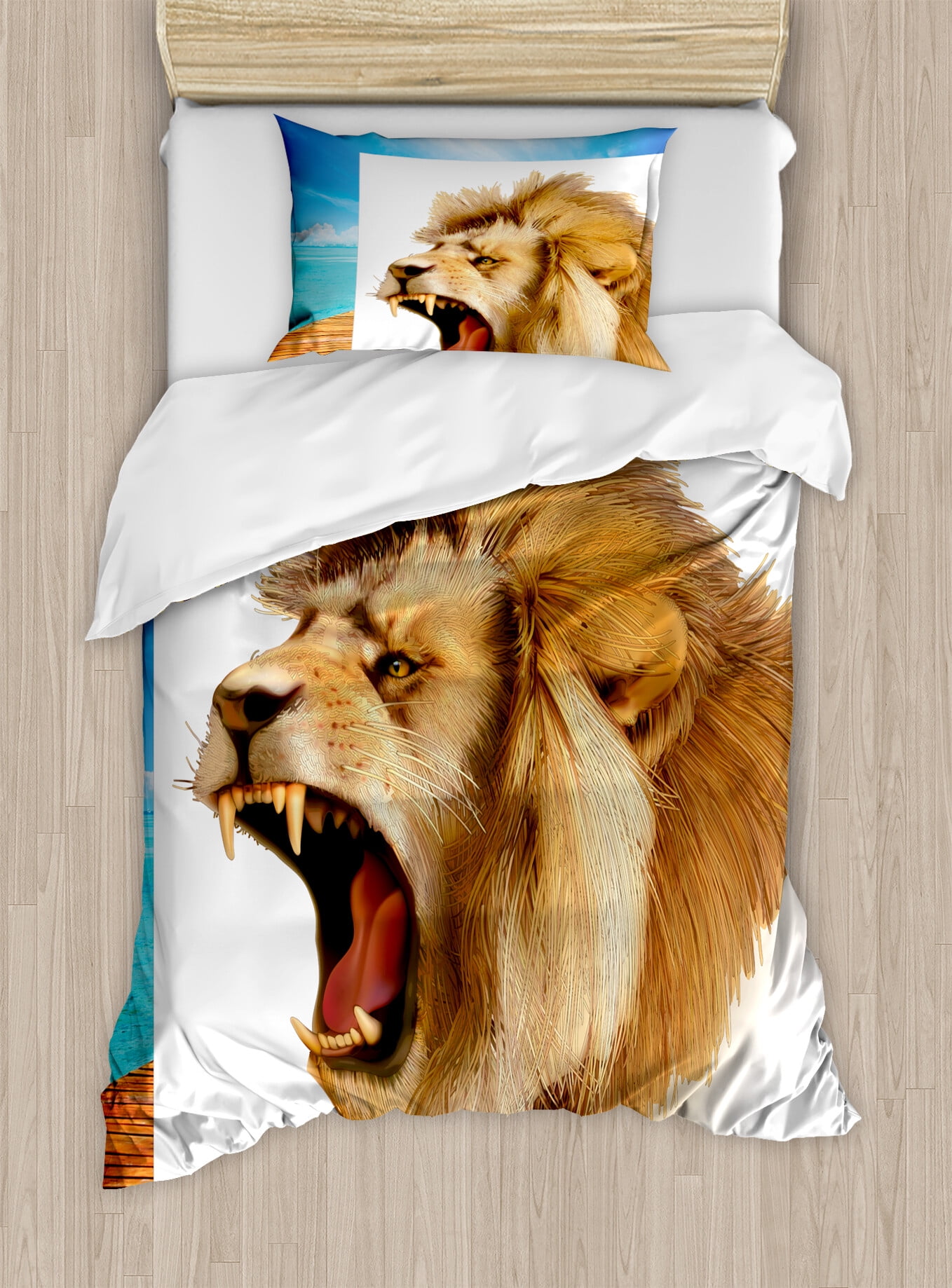 King Duvet Cover Set, Roaring Wild Lion Head Savannah Animal Majestic ...