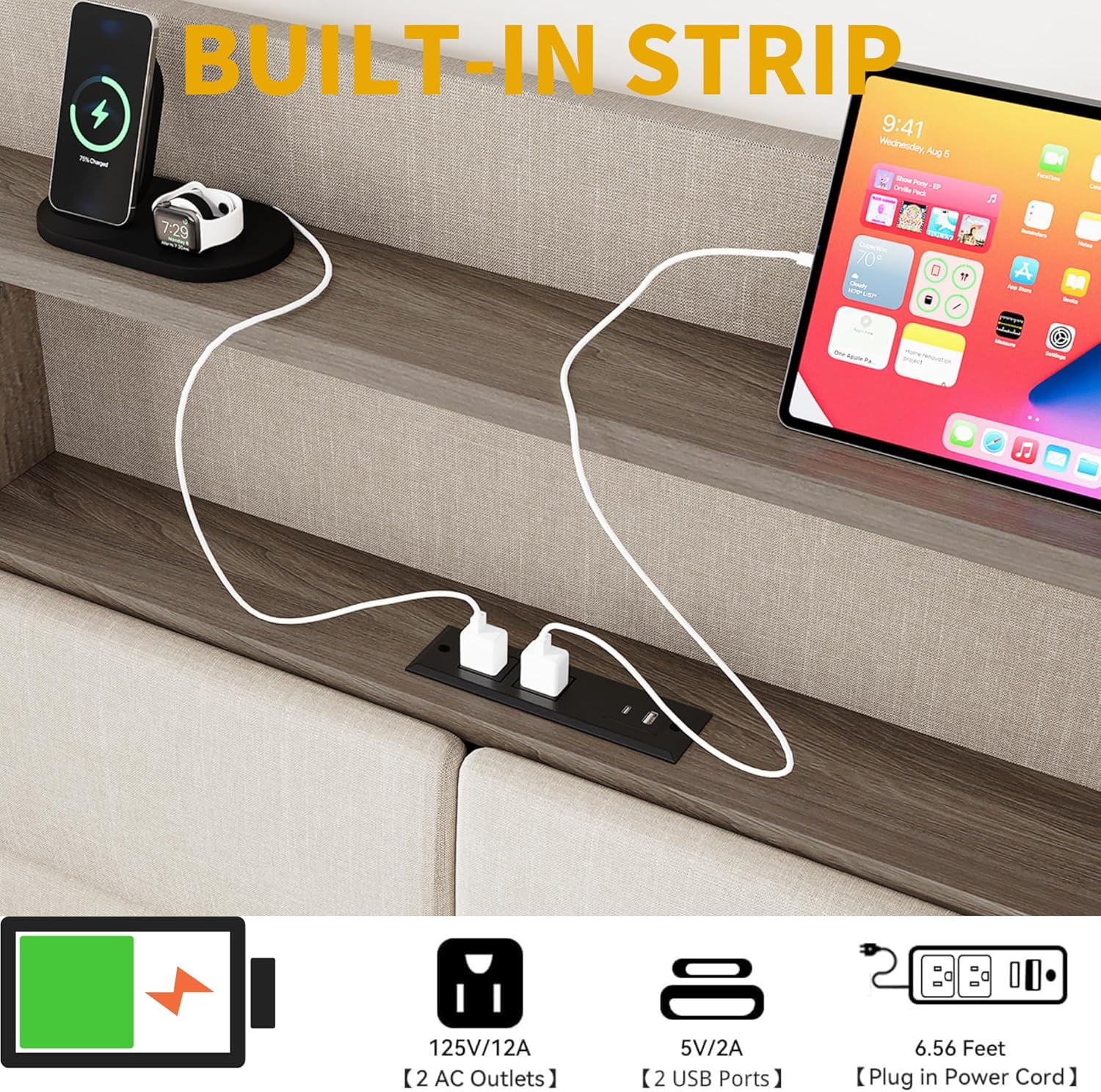 King Floating Bed Frame with Charging Station & Led Light, Upholstered ...