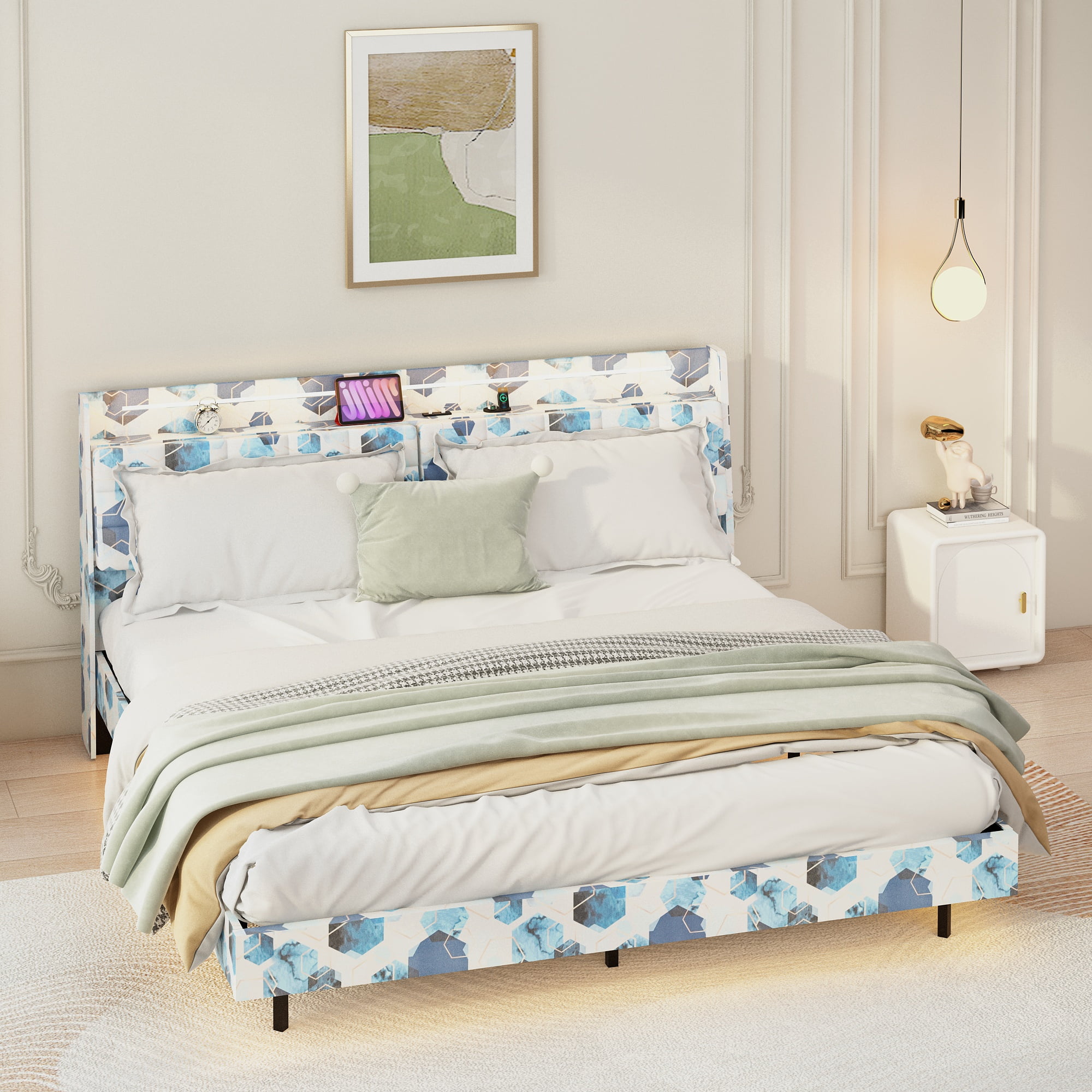 King Floating Bed Frame with LED Light and Charging Station Upholstered ...