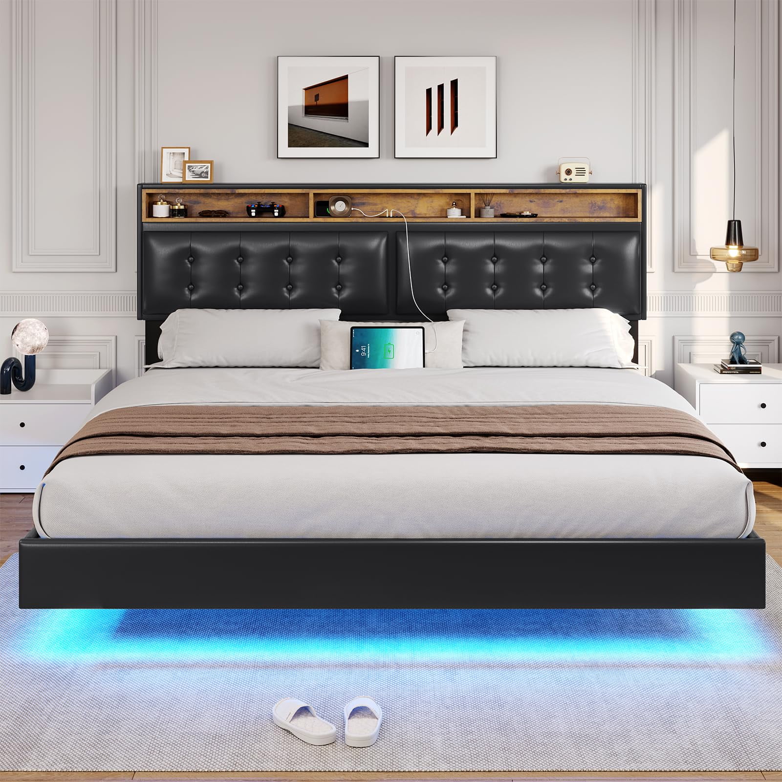 King Floating Bed Frame with Led Lights and Charging Stations, King ...