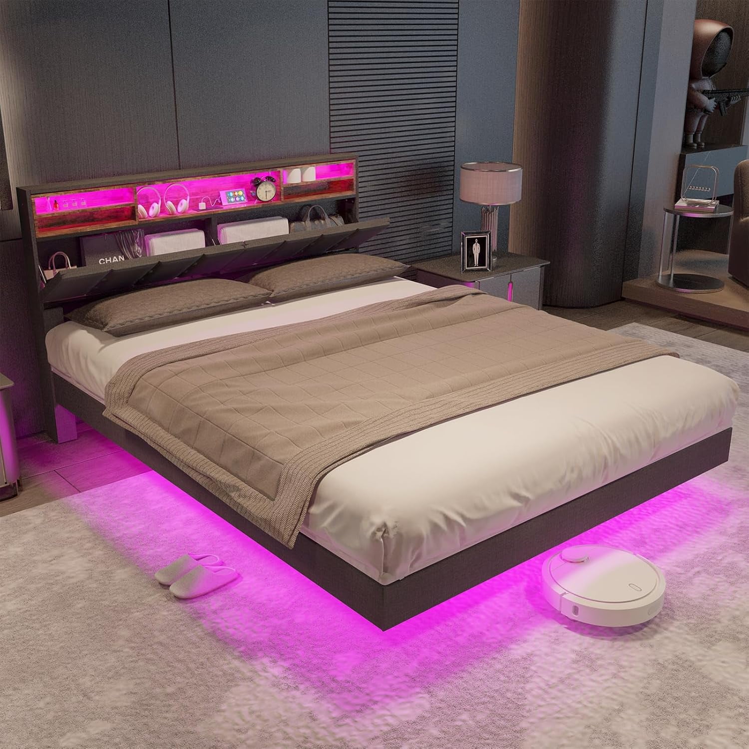King Floating Bed Frame with Storage Headboard & RGB LED Lights, Type-C ...