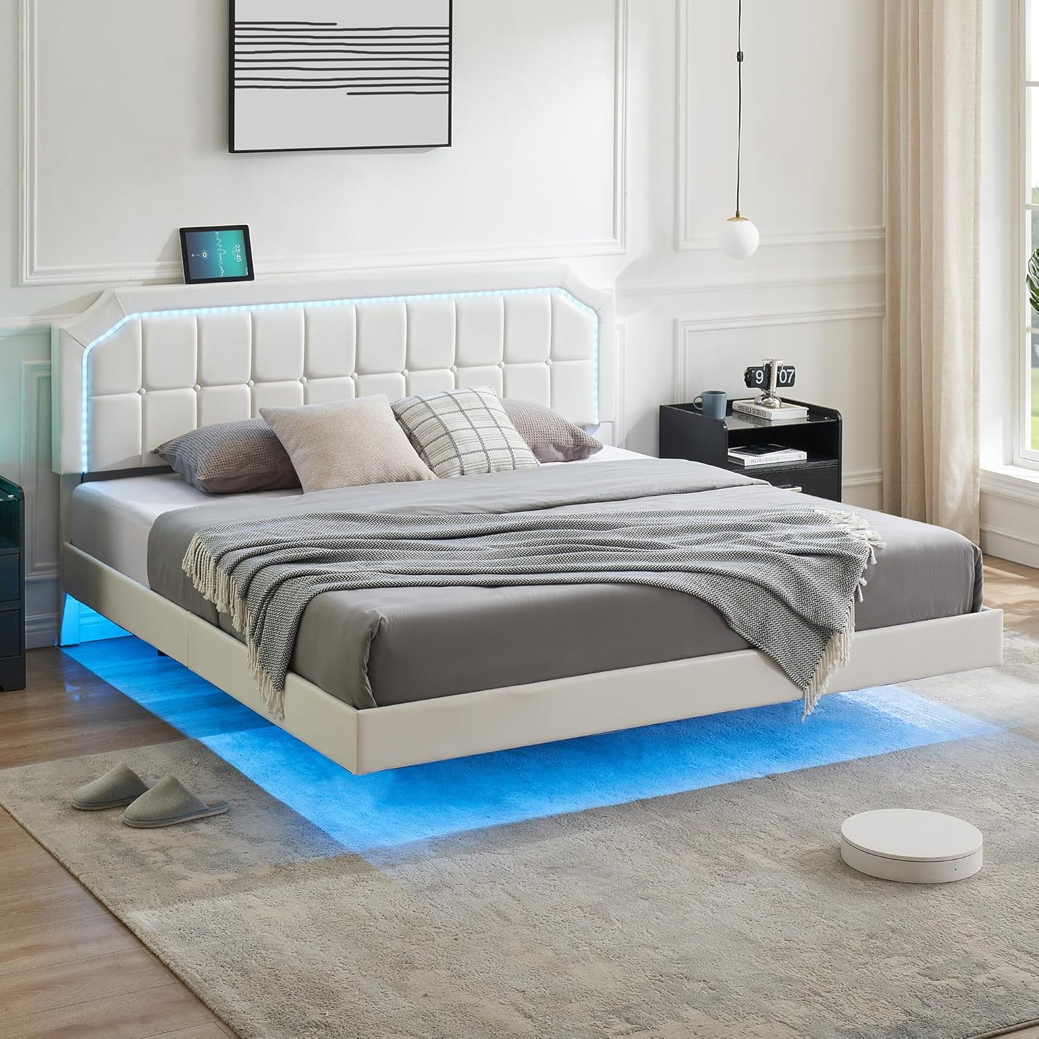 King Floating Bed Frame with LED Lights & Charging Station – Elegant ...