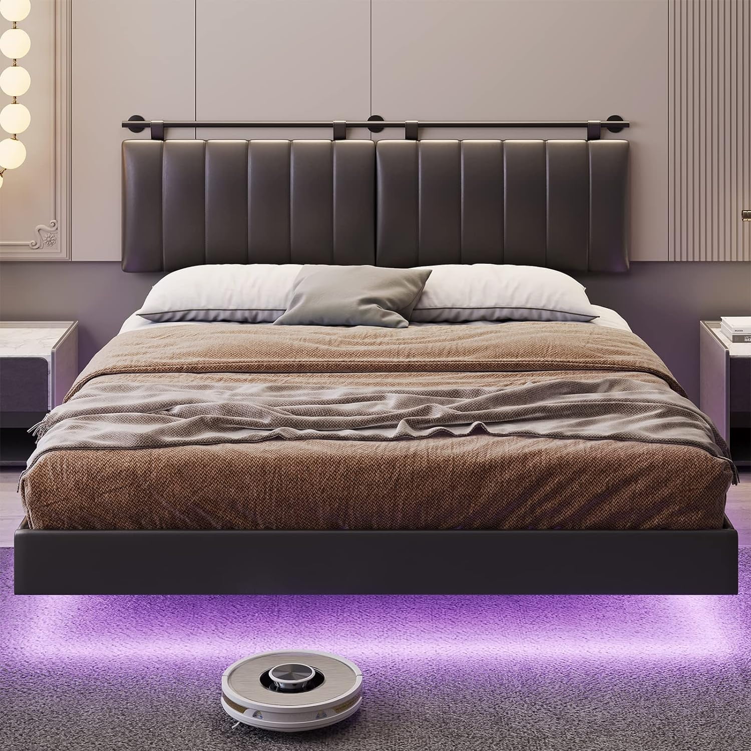 King Floating Bed Frame with LED Lights and Headboard,Modern ...