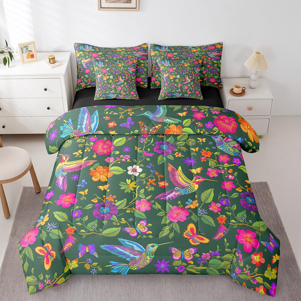 King Green Hummingbird Comforter Sets 7Pcs,Rainbow Floral Bedding Set ...