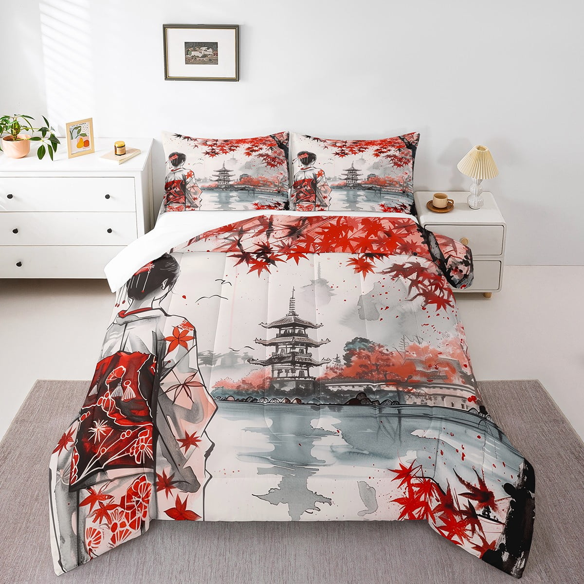 King Japanese Style Bedding Set Teens Geisha Red Floral Comforter Set ...