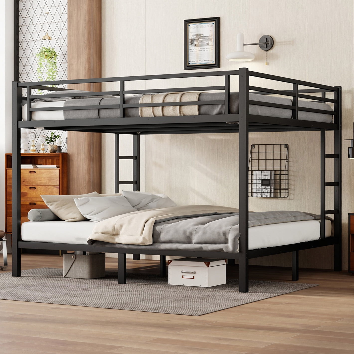 King Over King Bunk Bed, Heavy-Duty Metal Loft Frame with Safety ...